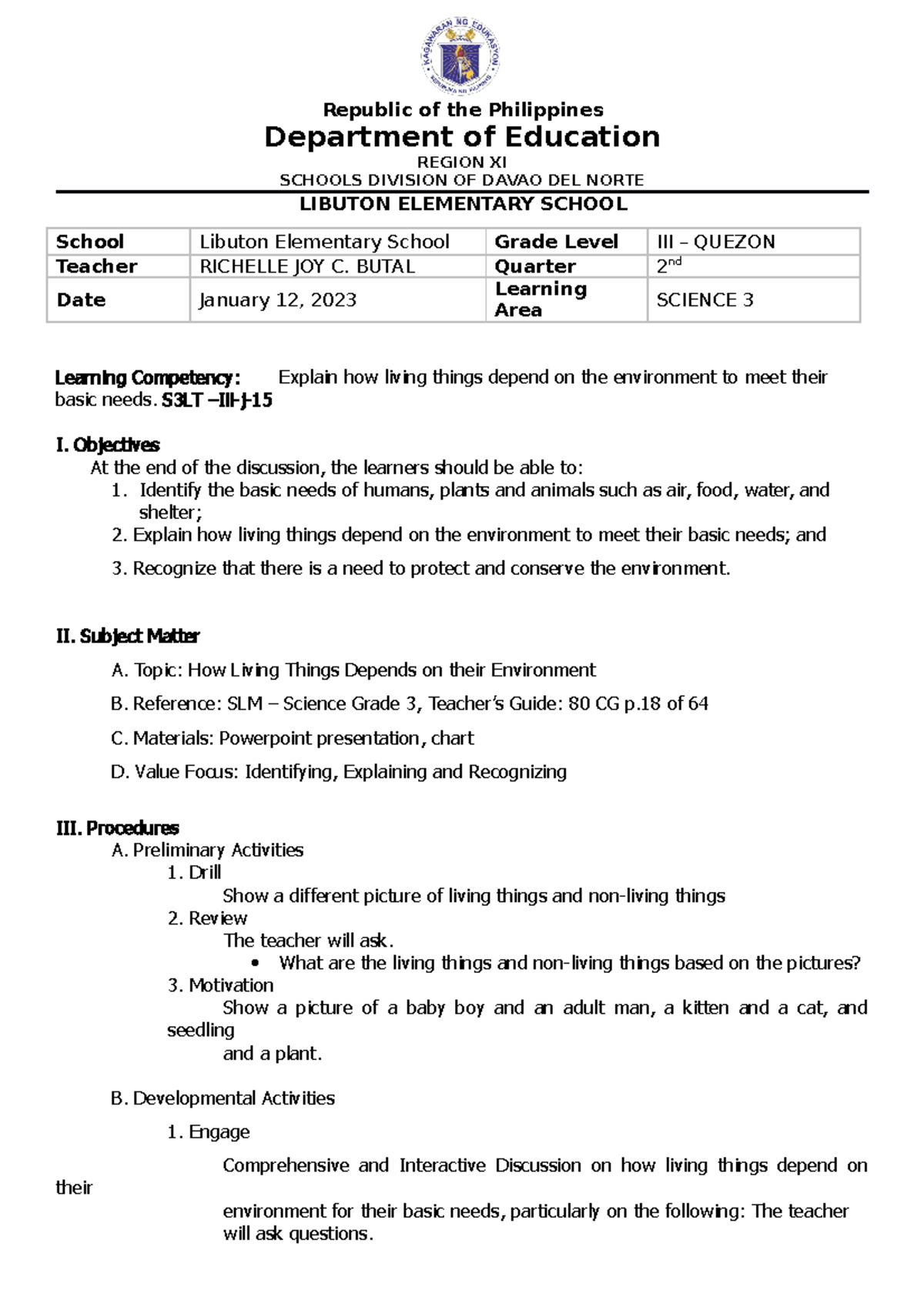 COT- Lesson PLAN- Science 3- 2ND Quarter - Republic of the Philippines ...