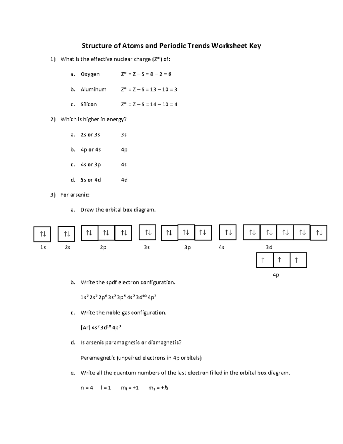 141 Structure of Atoms Periodic Trends Worksheet key - Structure of ...