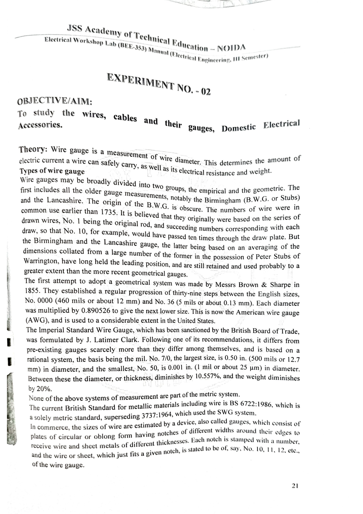 2nd Experiment of Workshop - Electrical JSS Workshop Academy of Technical Lab Manual (Electrical ...