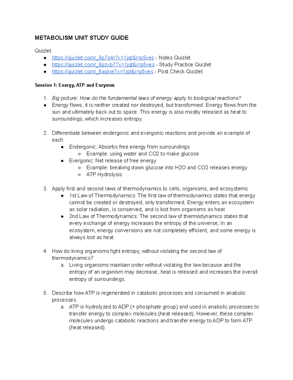 Biology M2E - Metabolism Study Guide 2021 - METABOLISM UNIT STUDY GUIDE ...