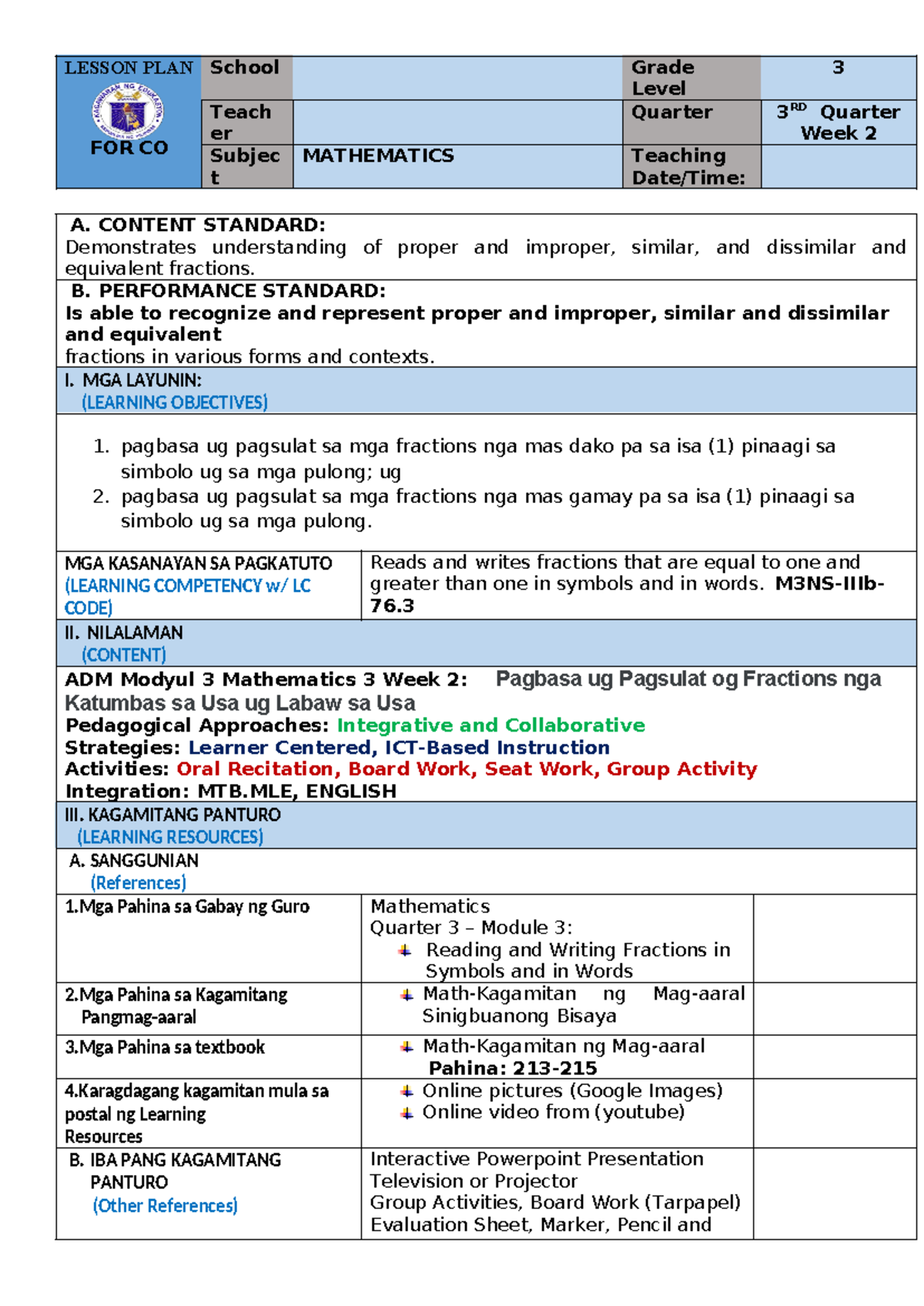 COT Q3 MATH3 W2 DLP - lesson plan - LESSON PLAN FOR CO School Grade ...