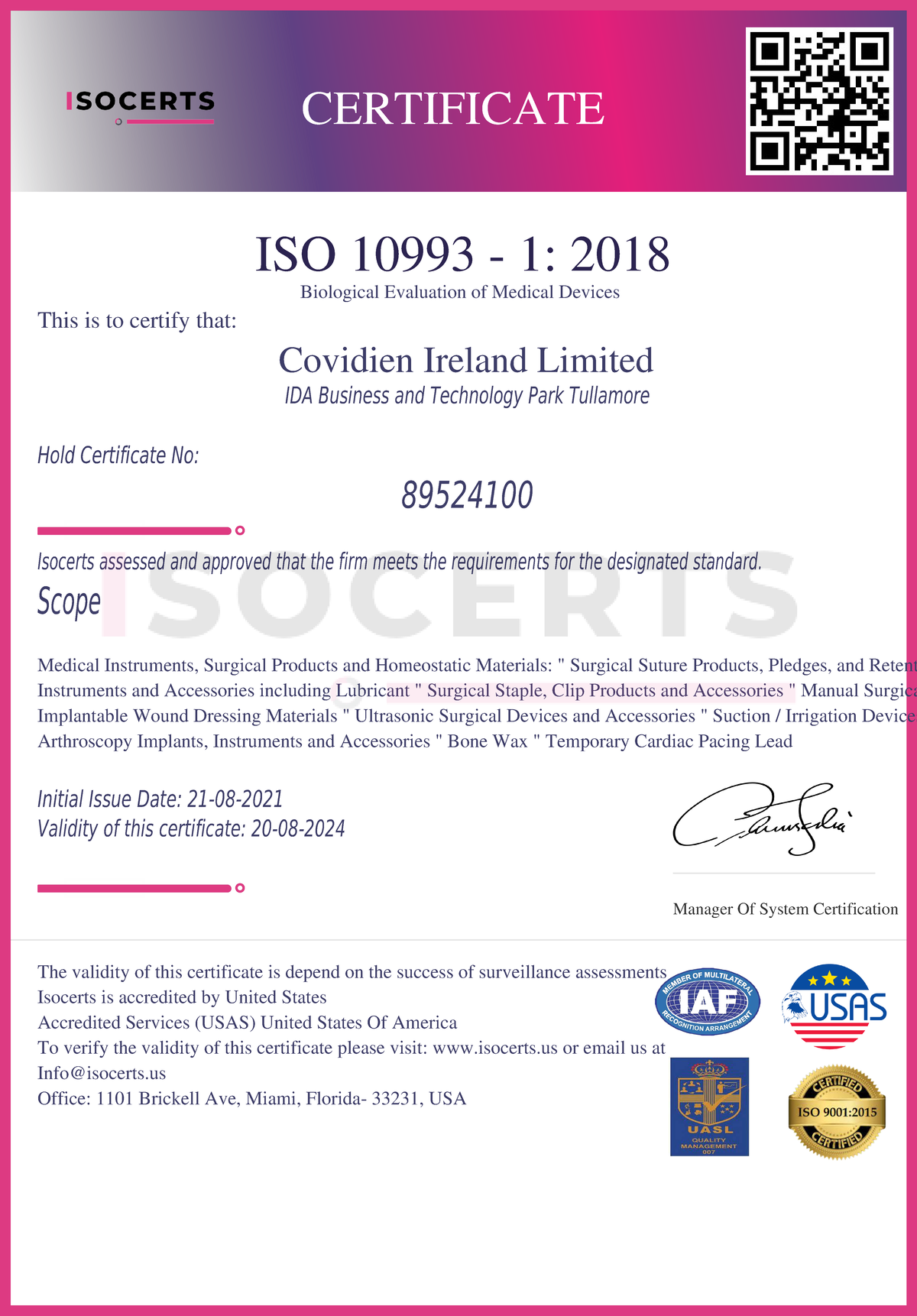 Certificate - TEST - CERTIFICATE ISO 10993 - 1: 2018 Biological ...