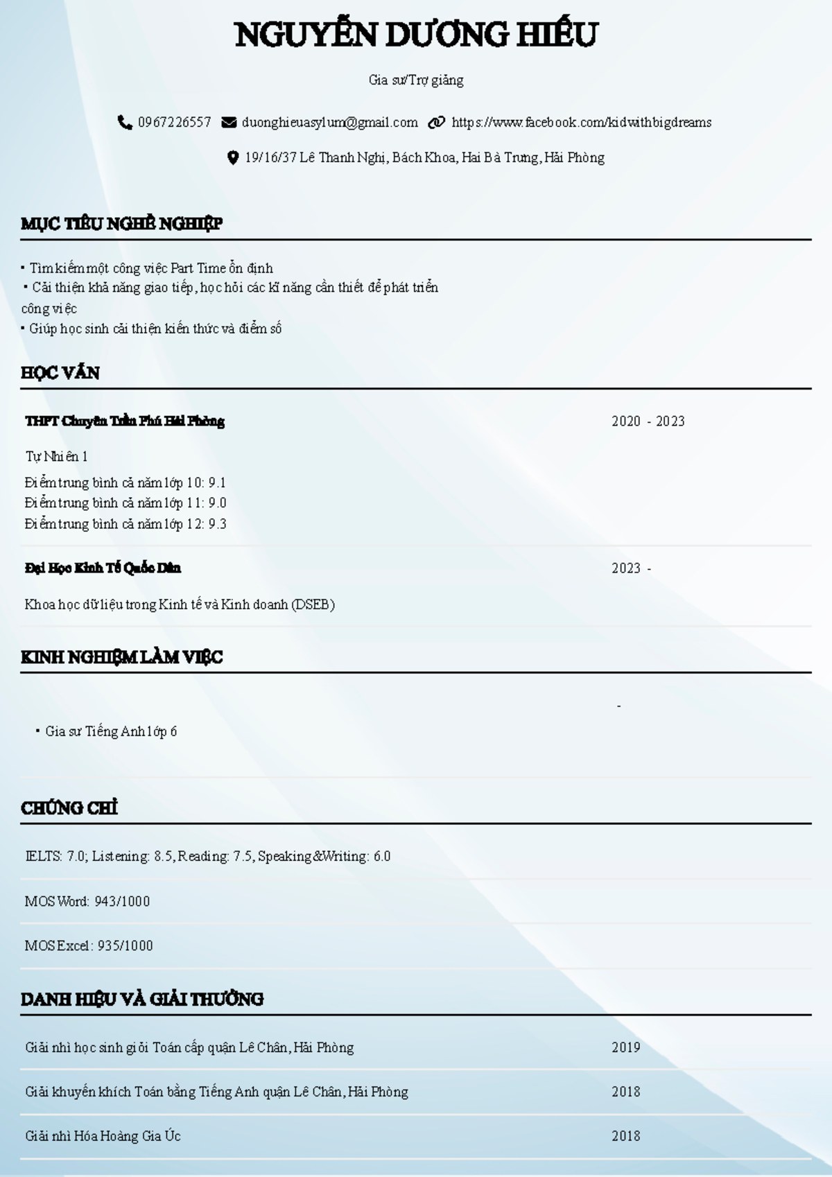 Nguyen Duong HIEU Top CV - NGUYỄN DƯƠNG HIẾU Gia sư/Trợ giảng 0967226557 duonghieuasylum@gmail ...