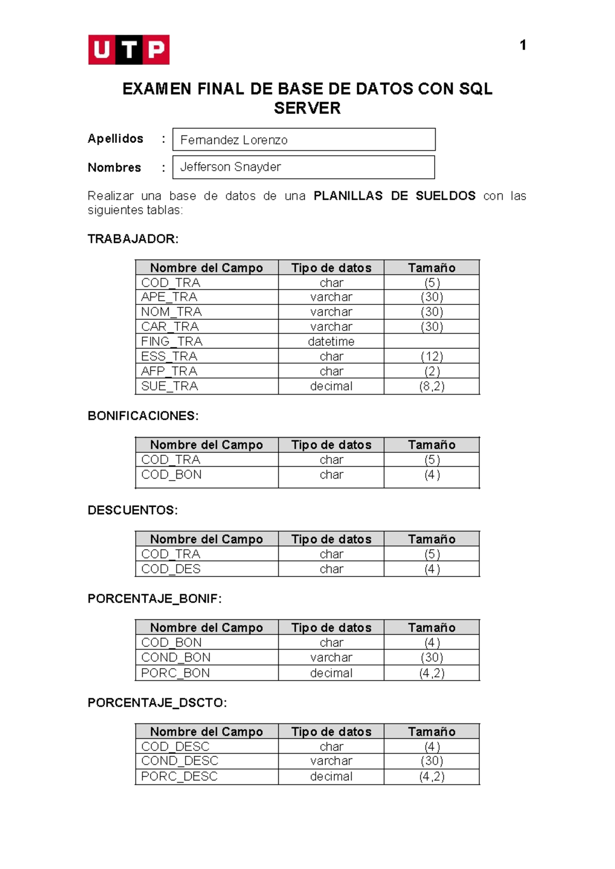 Examen Final- UTP 2023 - EXAMEN FINAL DE BASE DE DATOS CON SQL SERVER Apellidos : Nombres ...