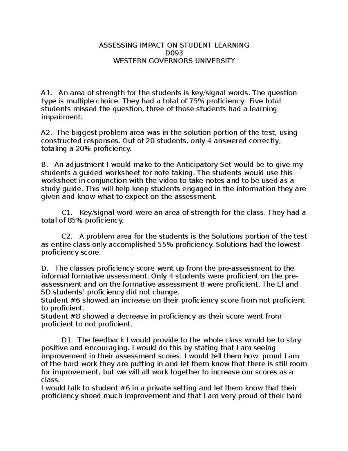 D093 Task 2 - Assessing impact on student learning - ASSESSING IMPACT ...