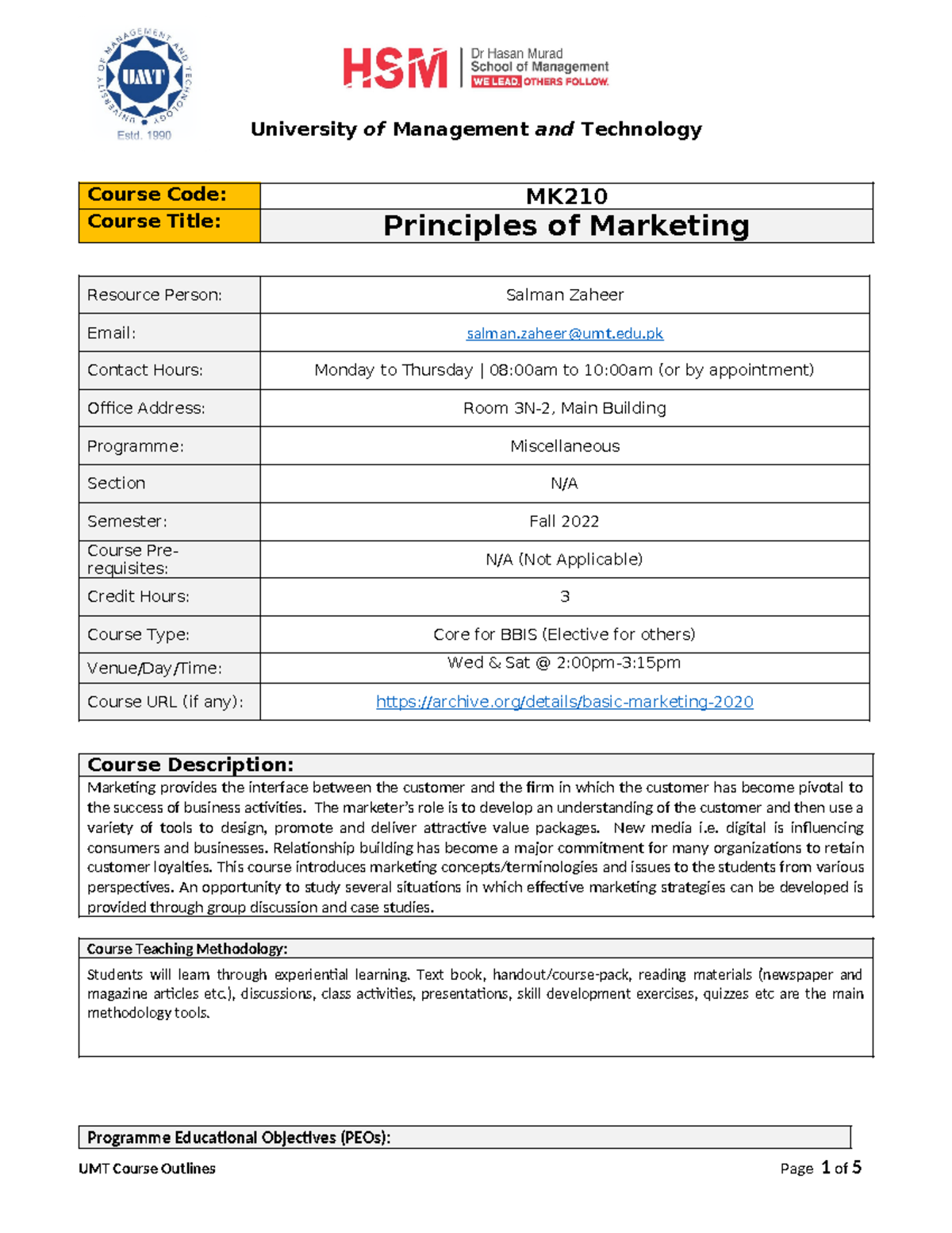 POM 4 - n/a - Course Code: MK Course Title: Principles of Marketing ...