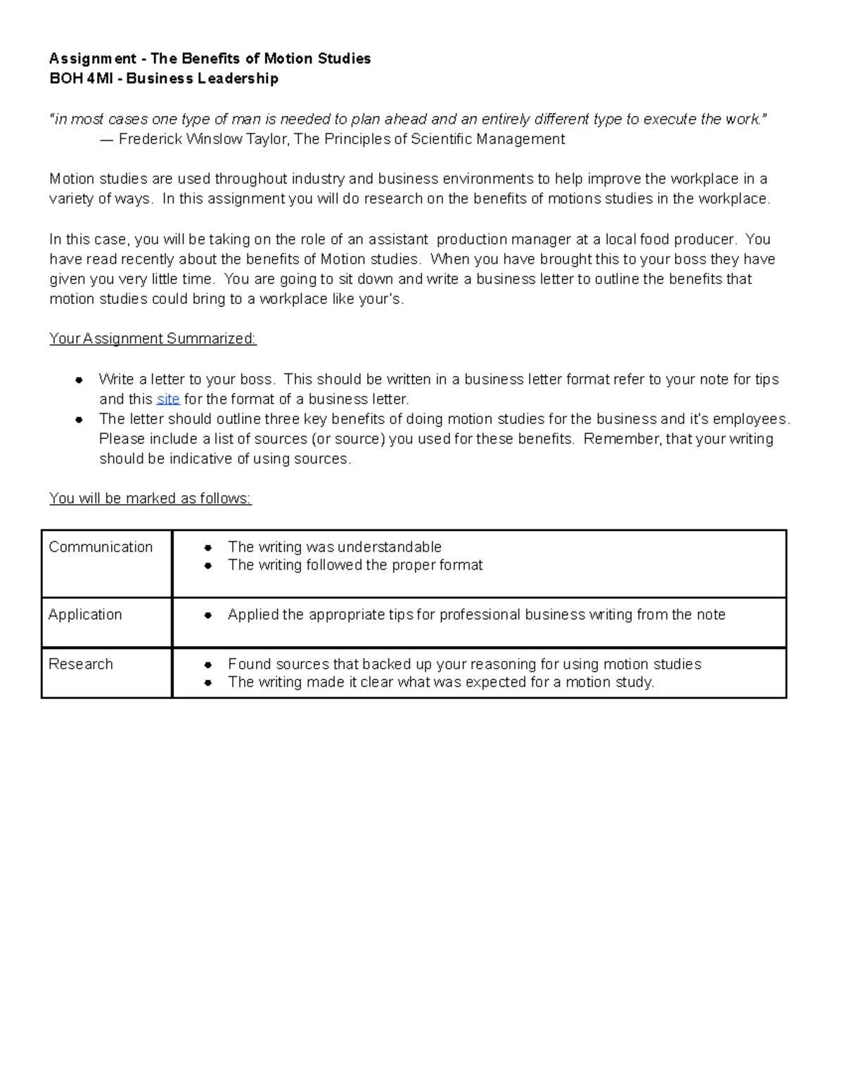 BOH - Assignment - The Benefits of Motion Studies - Assignment - The ...