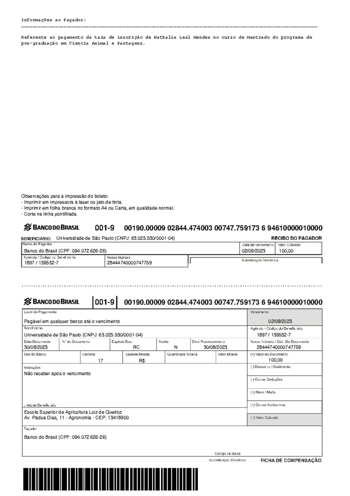 Boleto esalq pg aluno regular - Informações ao Pagador: Referente ao ...