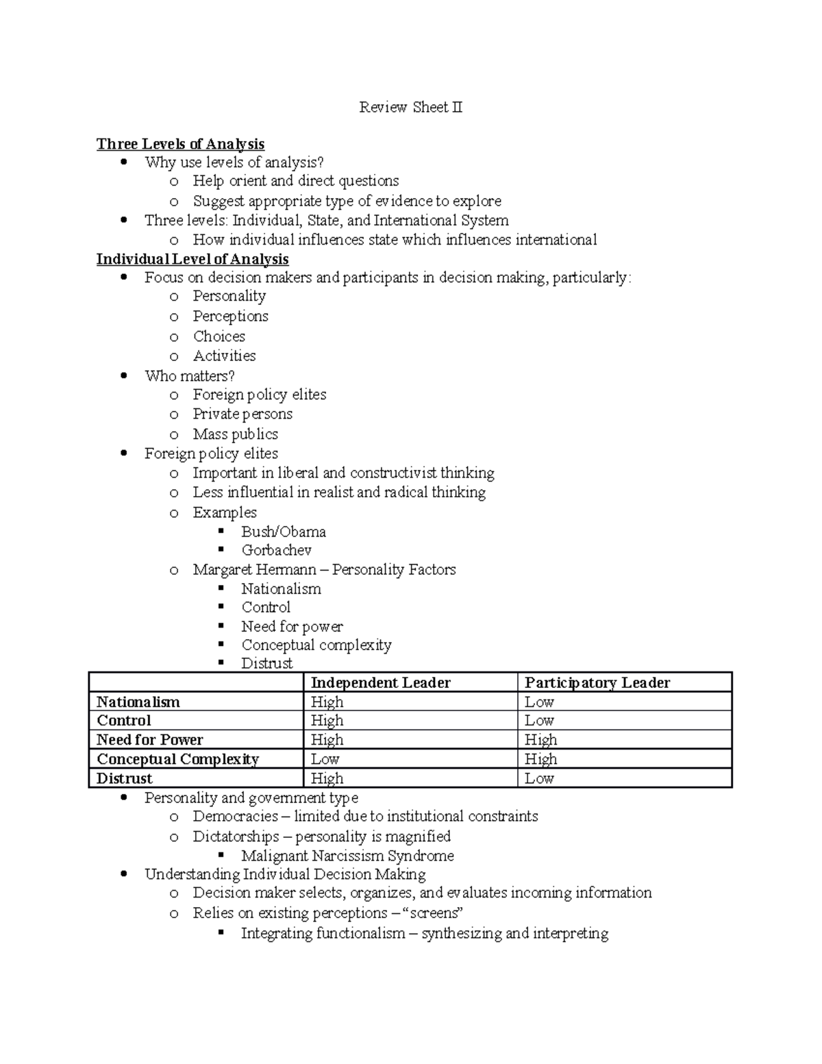 Review 2 - Review Sheet II Three Levels of Analysis Why use levels of ...