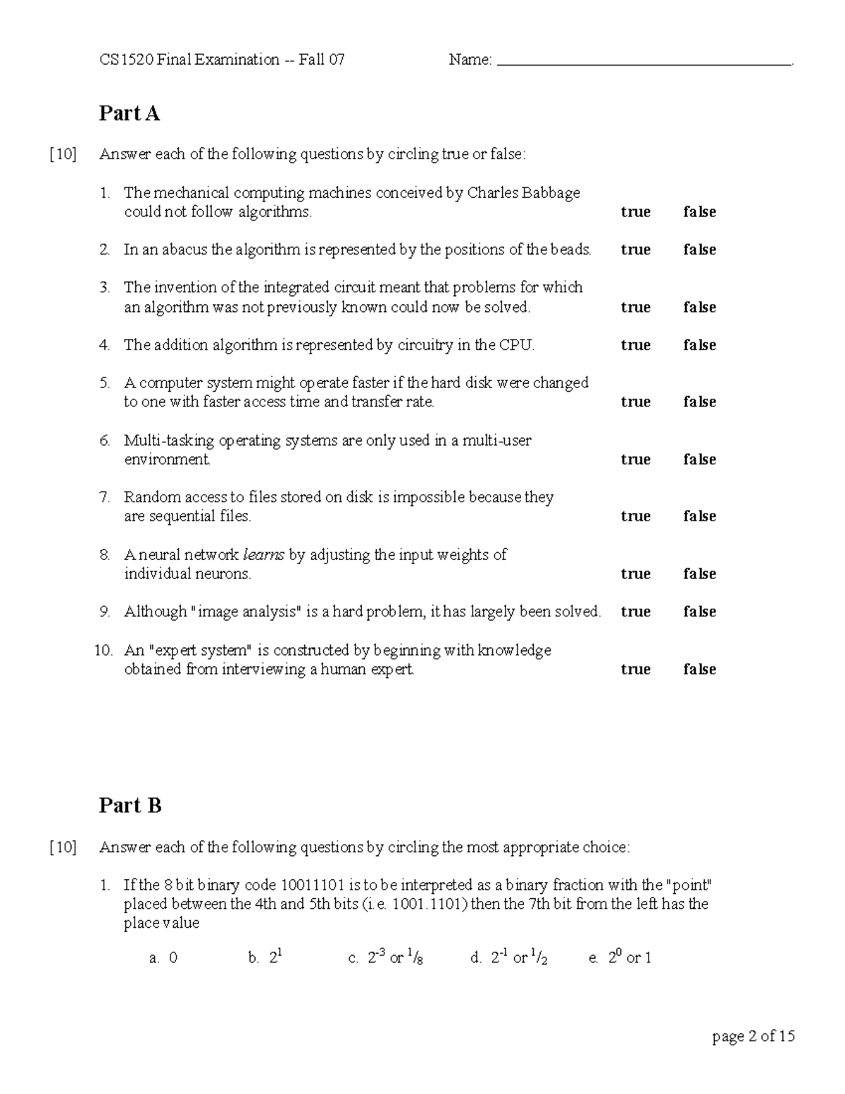 Exam 2007, questions and answers - CS1520 Final Examination Fall 07 ...