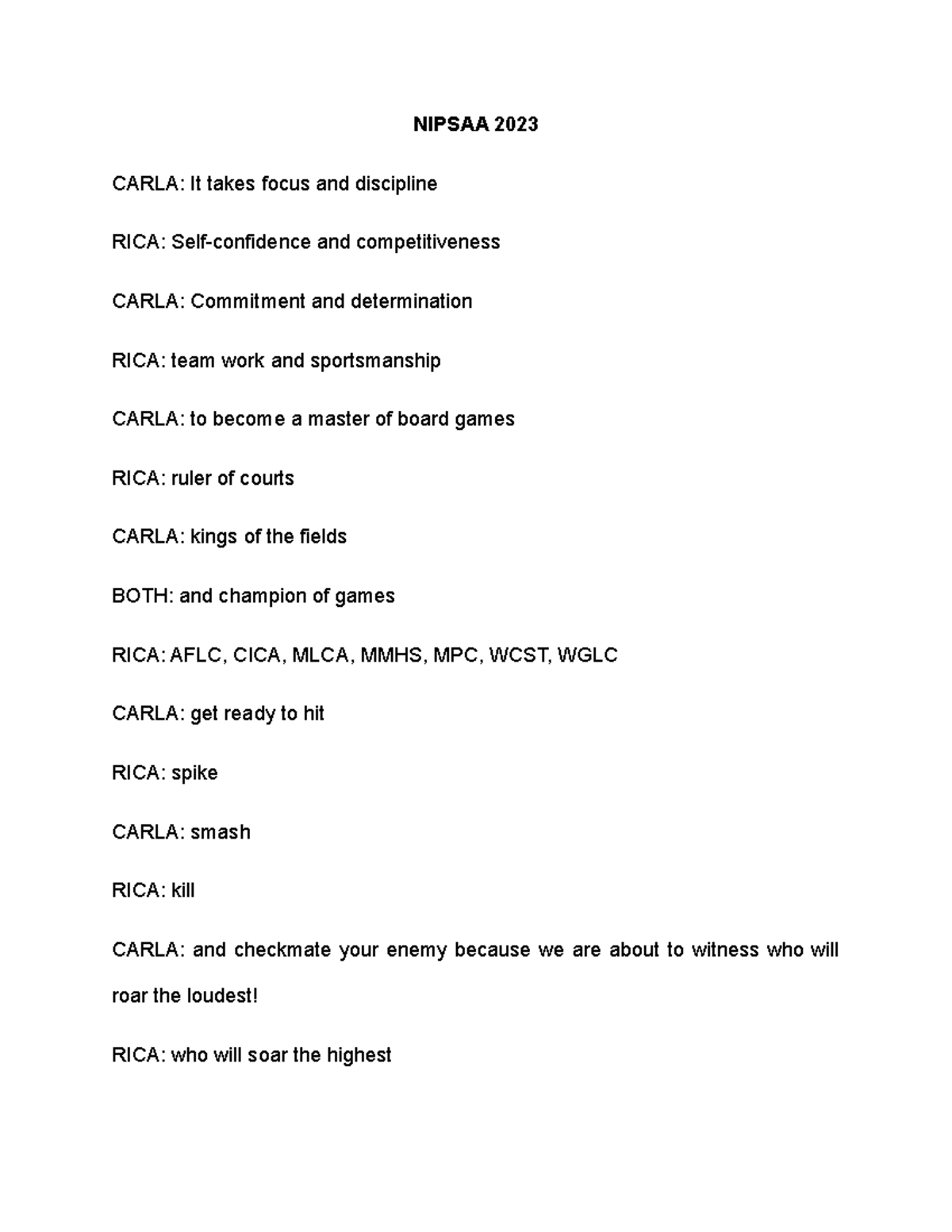 Nipsaa 2023 - Script - NIPSAA 2023 CARLA: It takes focus and discipline ...