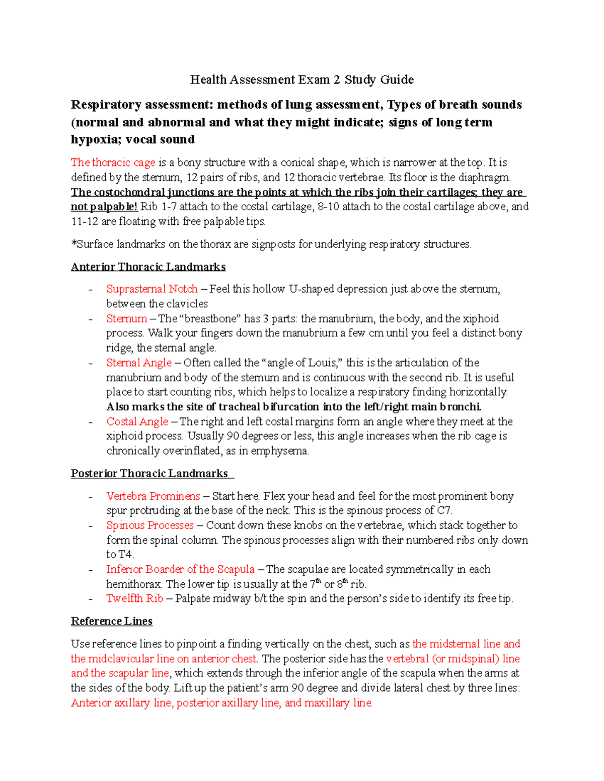 Health Assessment Exam 2 Study Guide - It is defined by the sternum, 12 ...