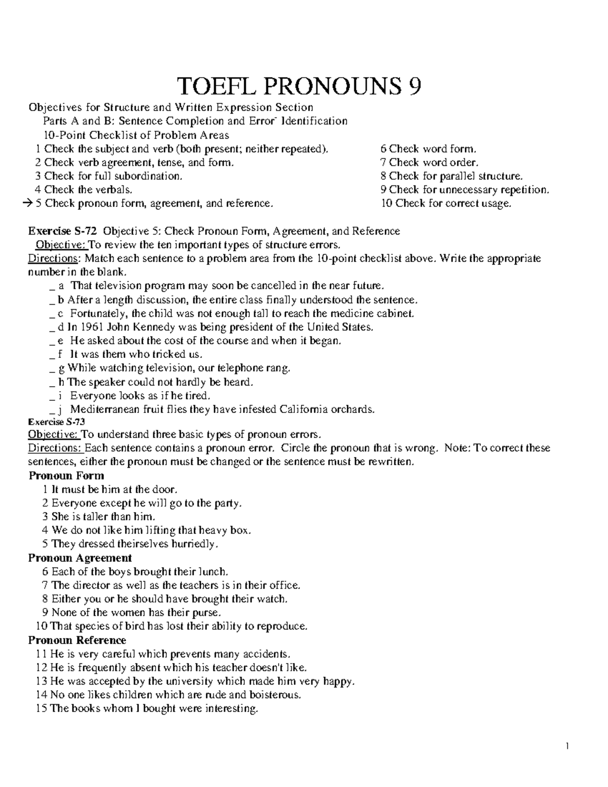 09 Pronouns - TOEFL PRONOUNS 9 Objectives for Structure and Written ...