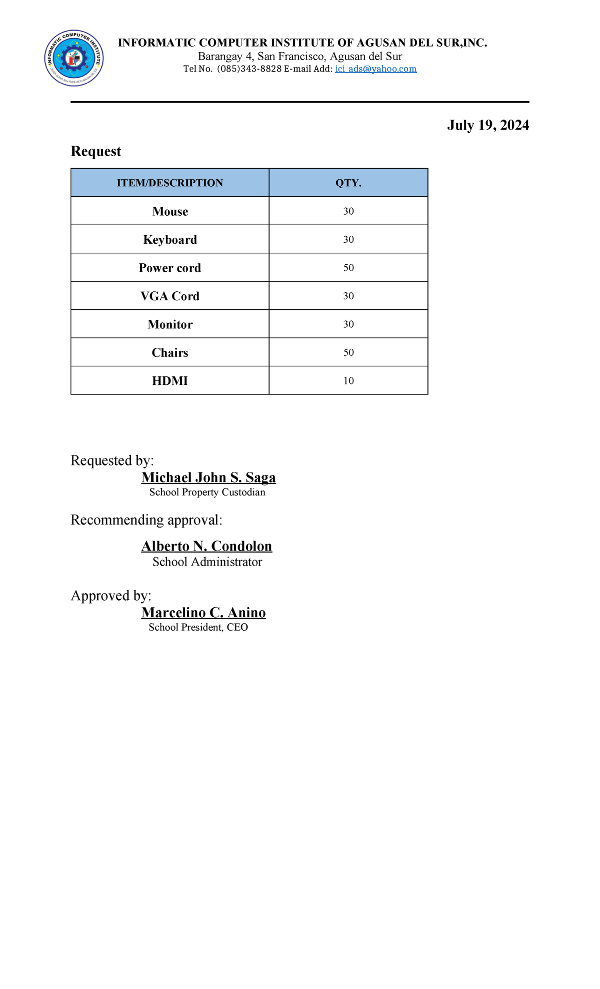 Lack of requirments - sff - INFORMATIC COMPUTER INSTITUTE OF AGUSAN DEL ...