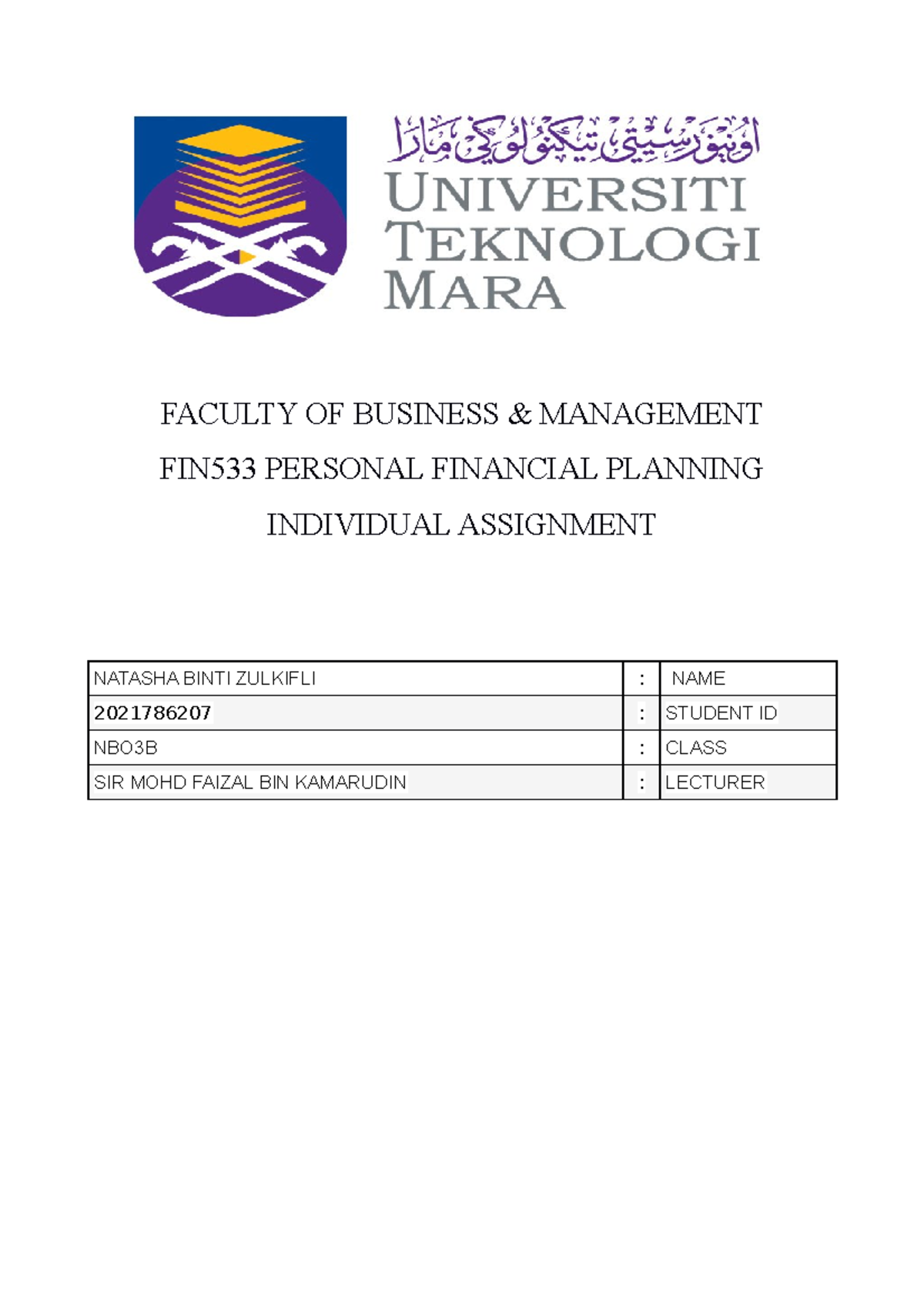 FIN533 Individual Assignment - FACULTY OF BUSINESS & MANAGEMENT FIN533 ...