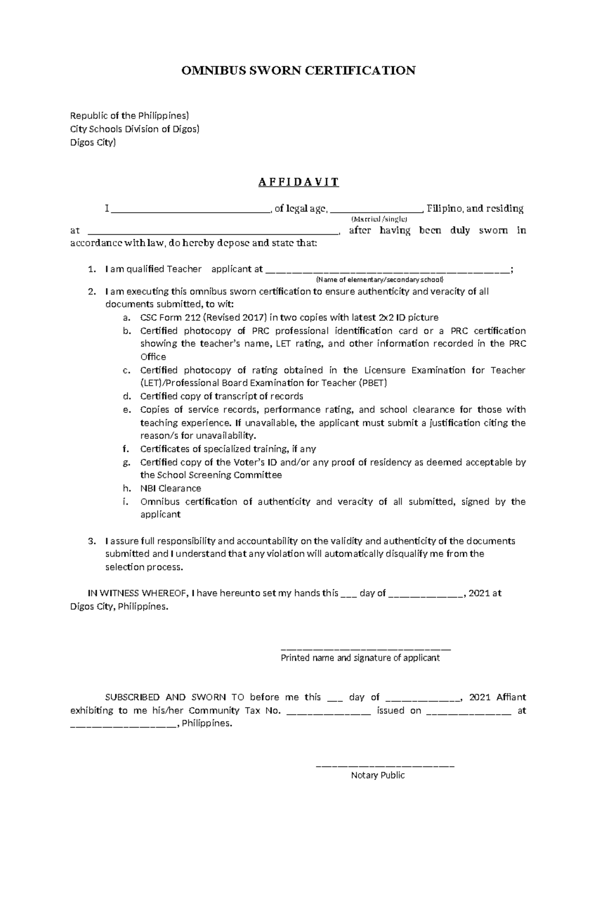 Omnibus Sworn Certification - OMNIBUS SWORN CERTIFICATION Republic of ...