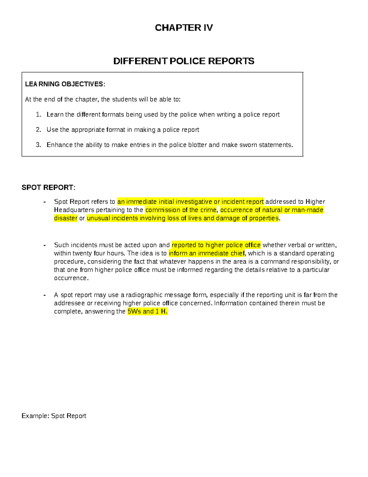 Ilide - Dlmd - CHAPTER IV DIFFERENT POLICE REPORTS LEARNING OBJECTIVES ...