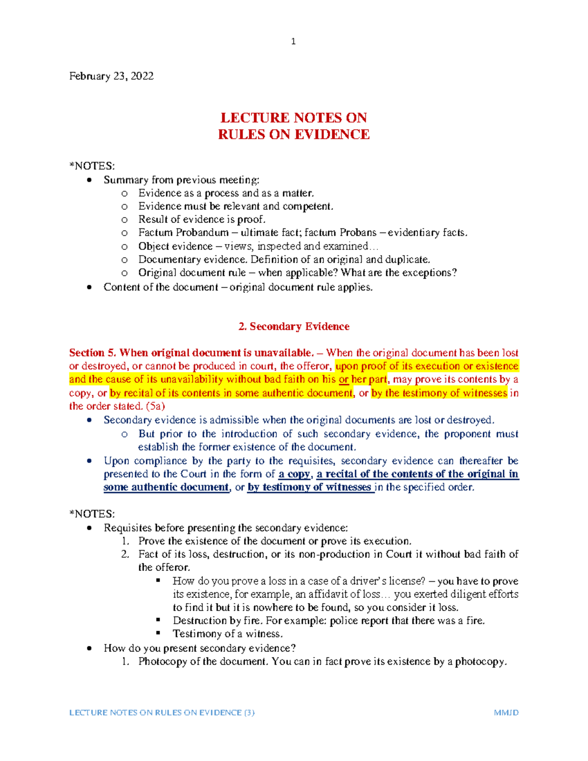 Lecture Notes on Evidence - February 23, 2022 LECTURE NOTES ON RULES ON ...