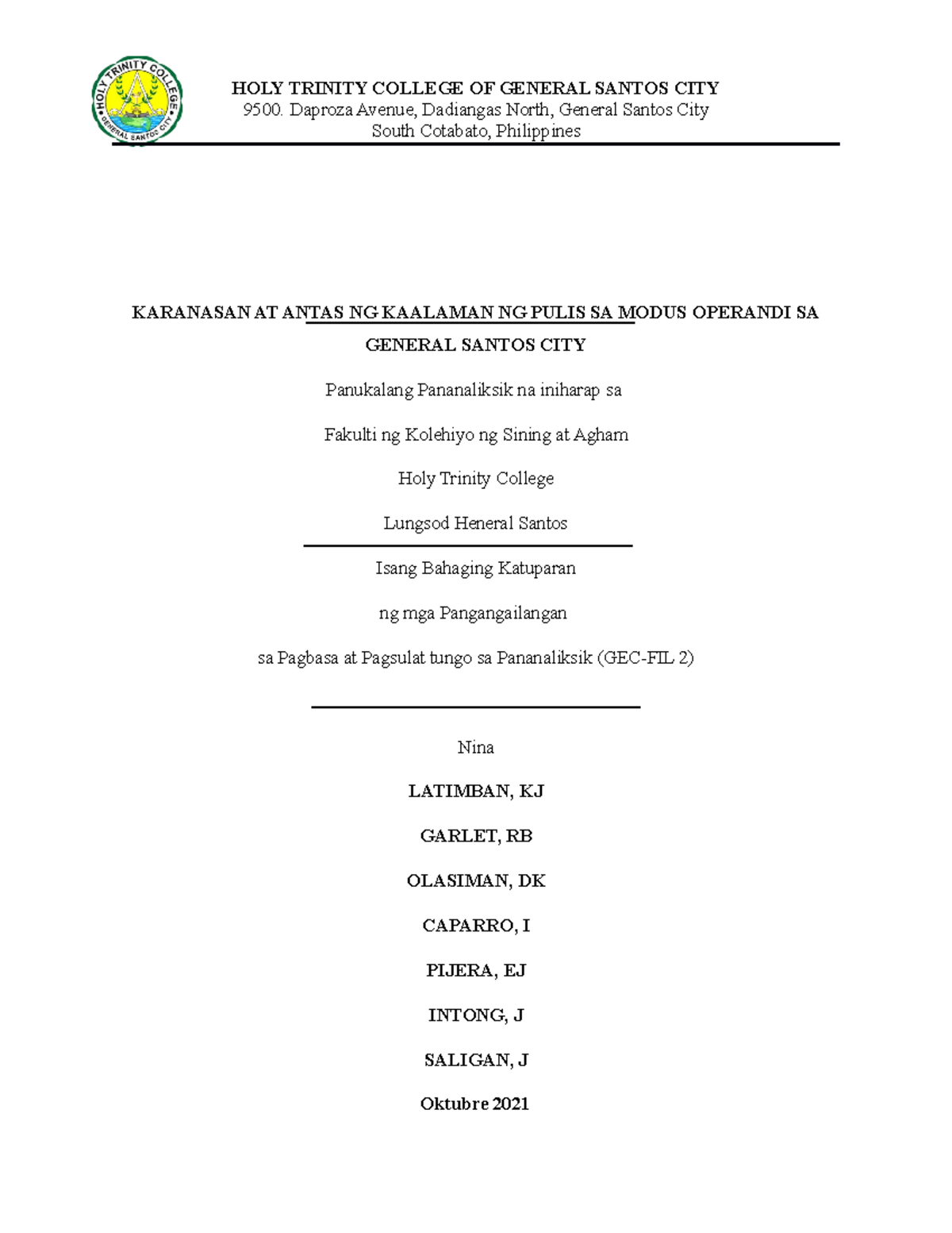 Pananaliksik SA FIL 2 - Filipino thesis - HOLY TRINITY COLLEGE OF ...