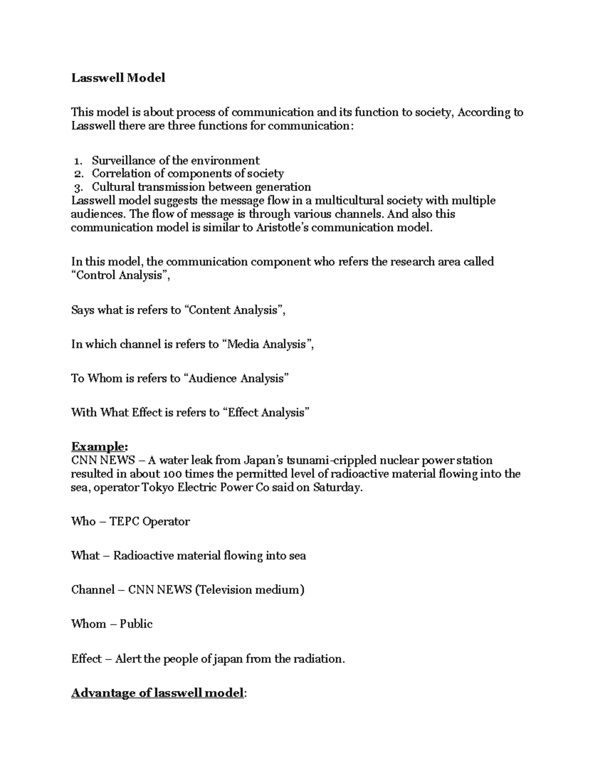 Lasswell Model - Lasswell Model This model is about process of ...