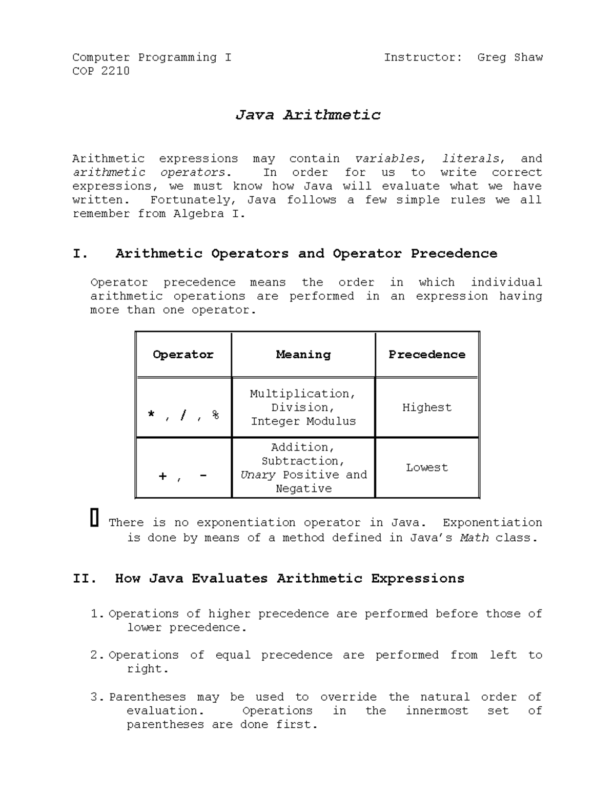 Arithmetic - MAth Review - Computer Programming I Instructor: Greg Shaw COP 2210 Java Arithmetic ...