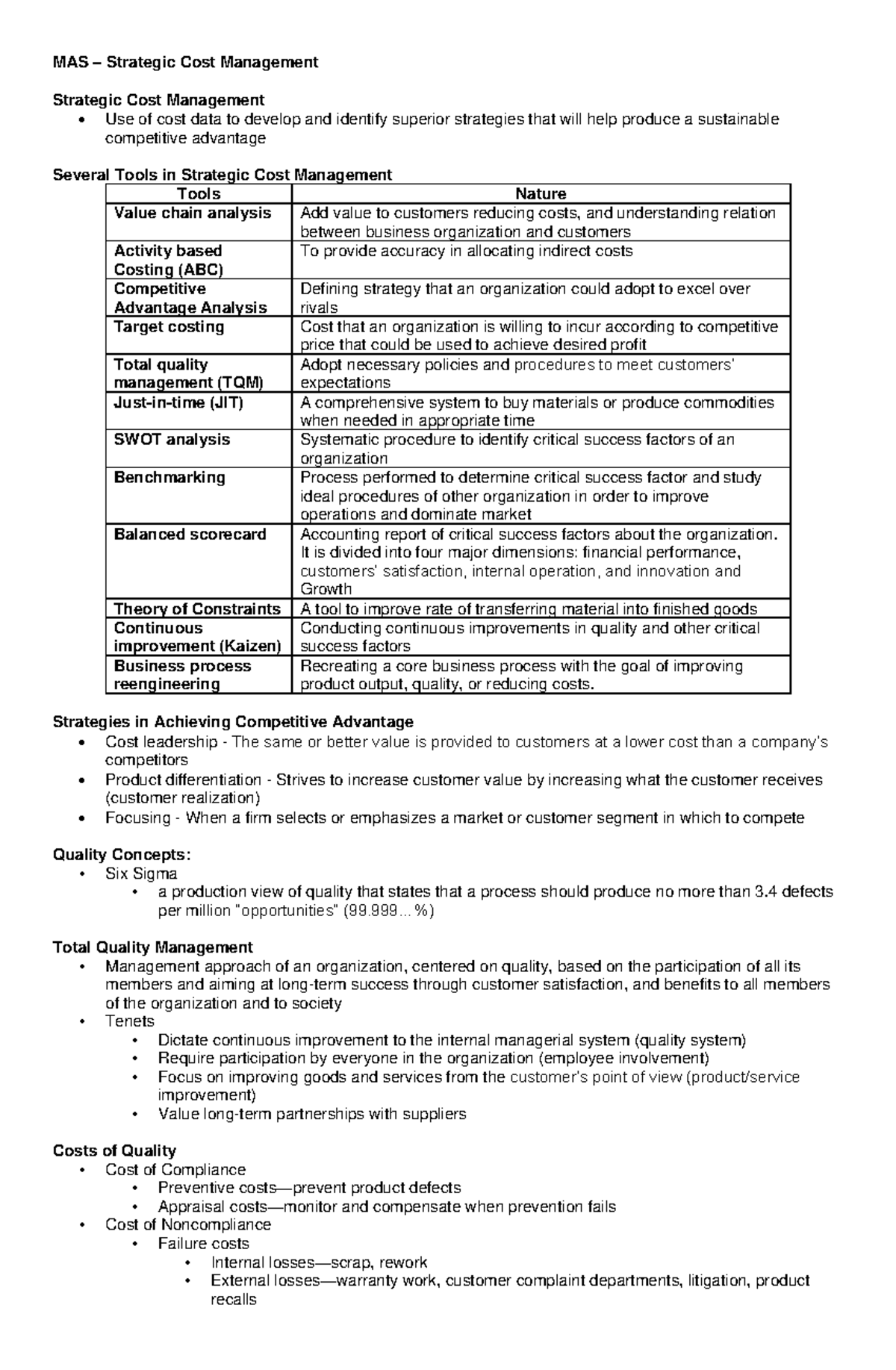MAS handout -cost management - MAS – Strategic Cost Management ...