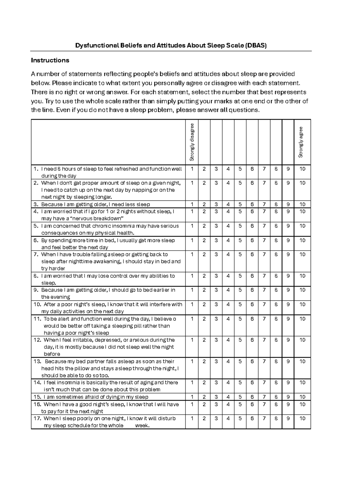 Dysfunctional Beliefs and Attitudes About Sleep Scale (DBAS ...