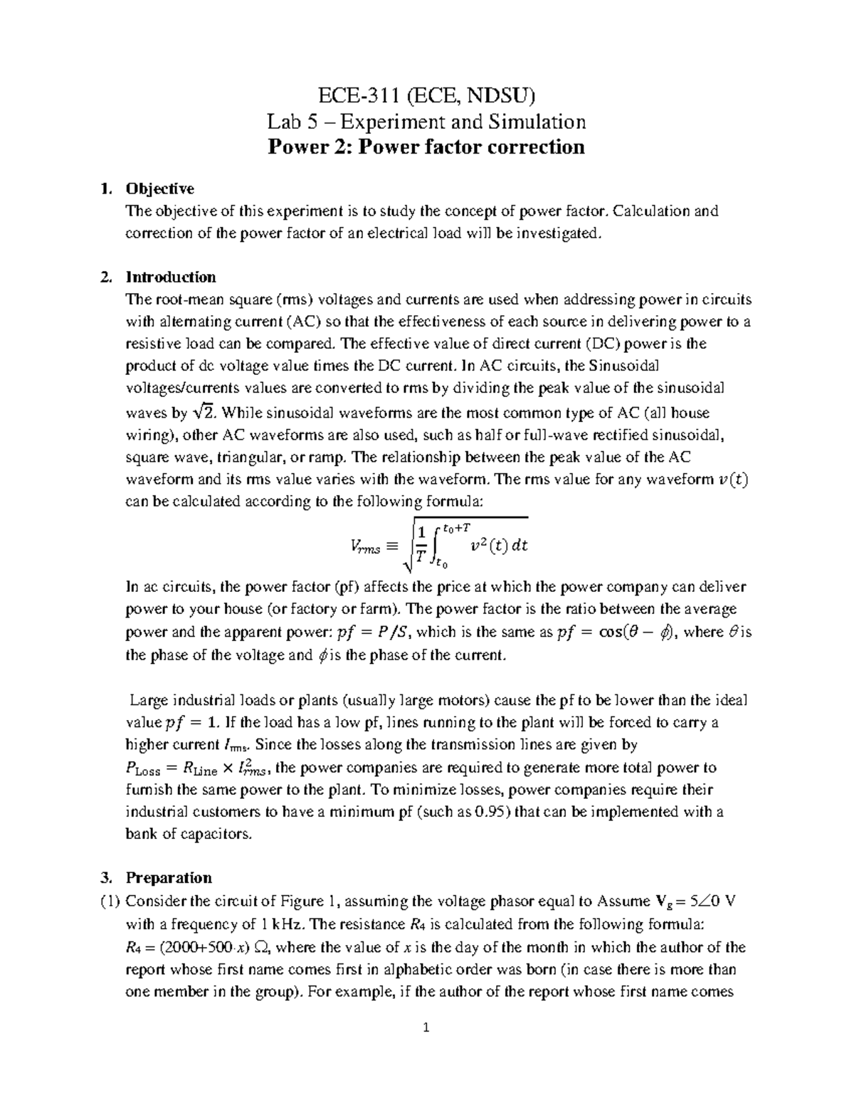 ECE311 Lab05 Power Factor - 1 ECE- 311 (ECE, NDSU) Lab 5 – Experiment ...