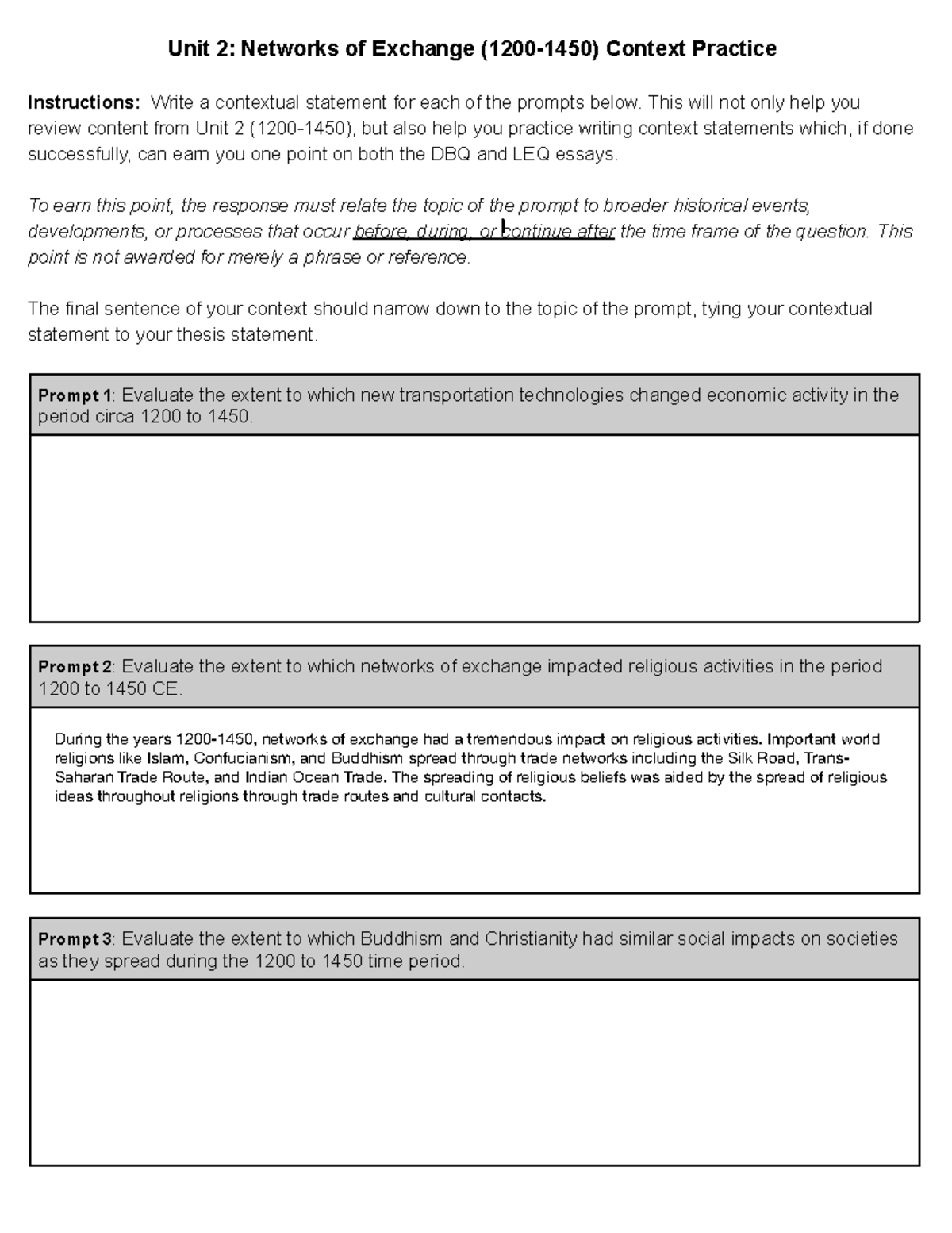 Unit 2 Context Practice - Unit 2 : Networks of Exchange ( 1200 - 1450 ...
