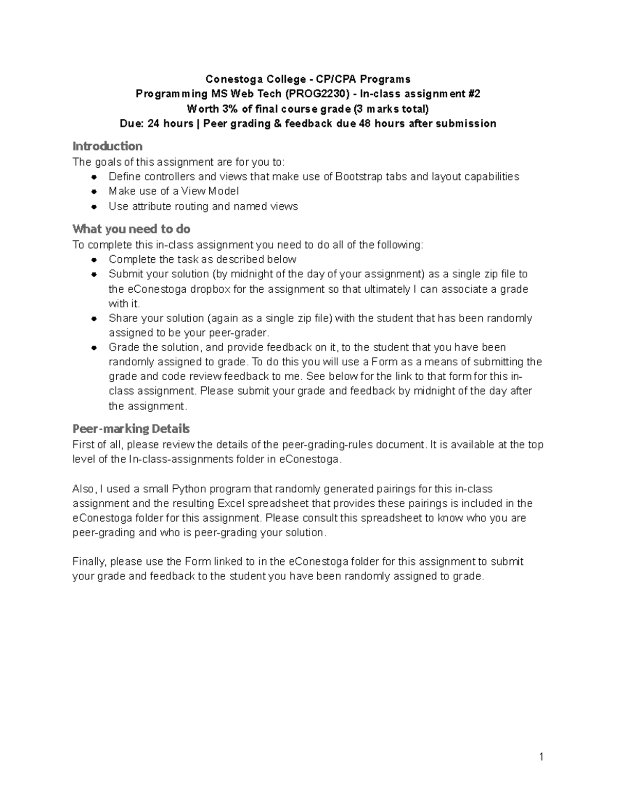 In-class-assignment 2 - Conestoga College - CP/CPA Programs Programming ...