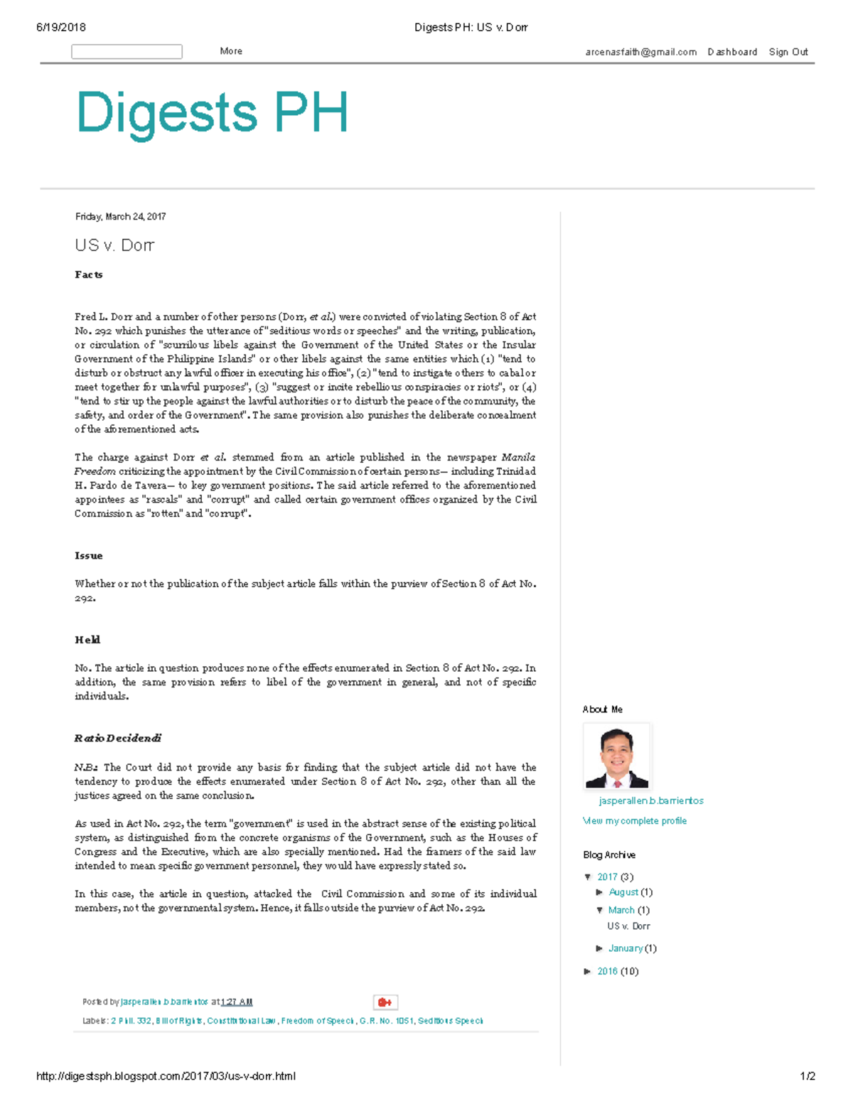 3. Case Digest US vs. Dorr, 2 Phil. 322 - 6/19/2018 Digests PH: US v ...
