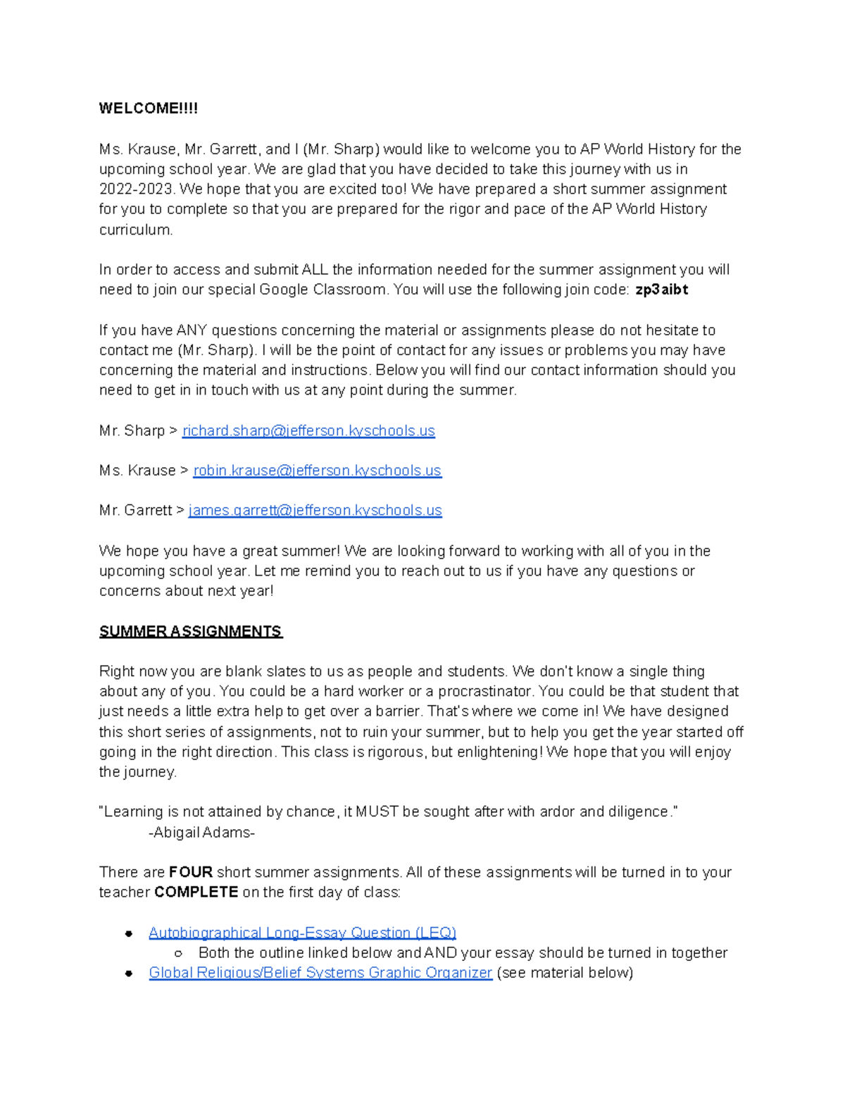 Summer Assignment 2022-2023 - WELCOME!!!! Ms. Krause, Mr. Garrett, and ...