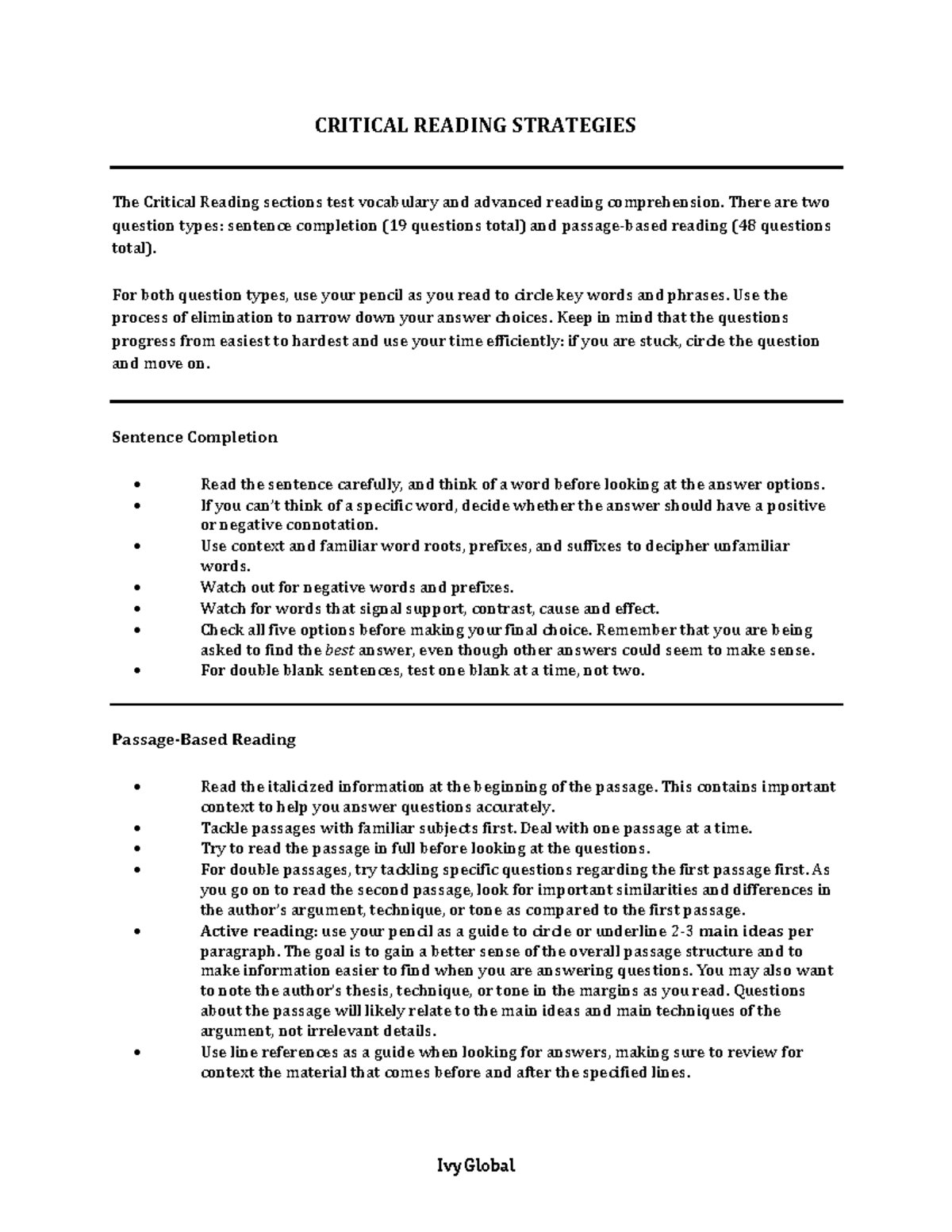 Ilide - SAT - Ivy Global CRITICAL READING STRATEGIES The Critical ...