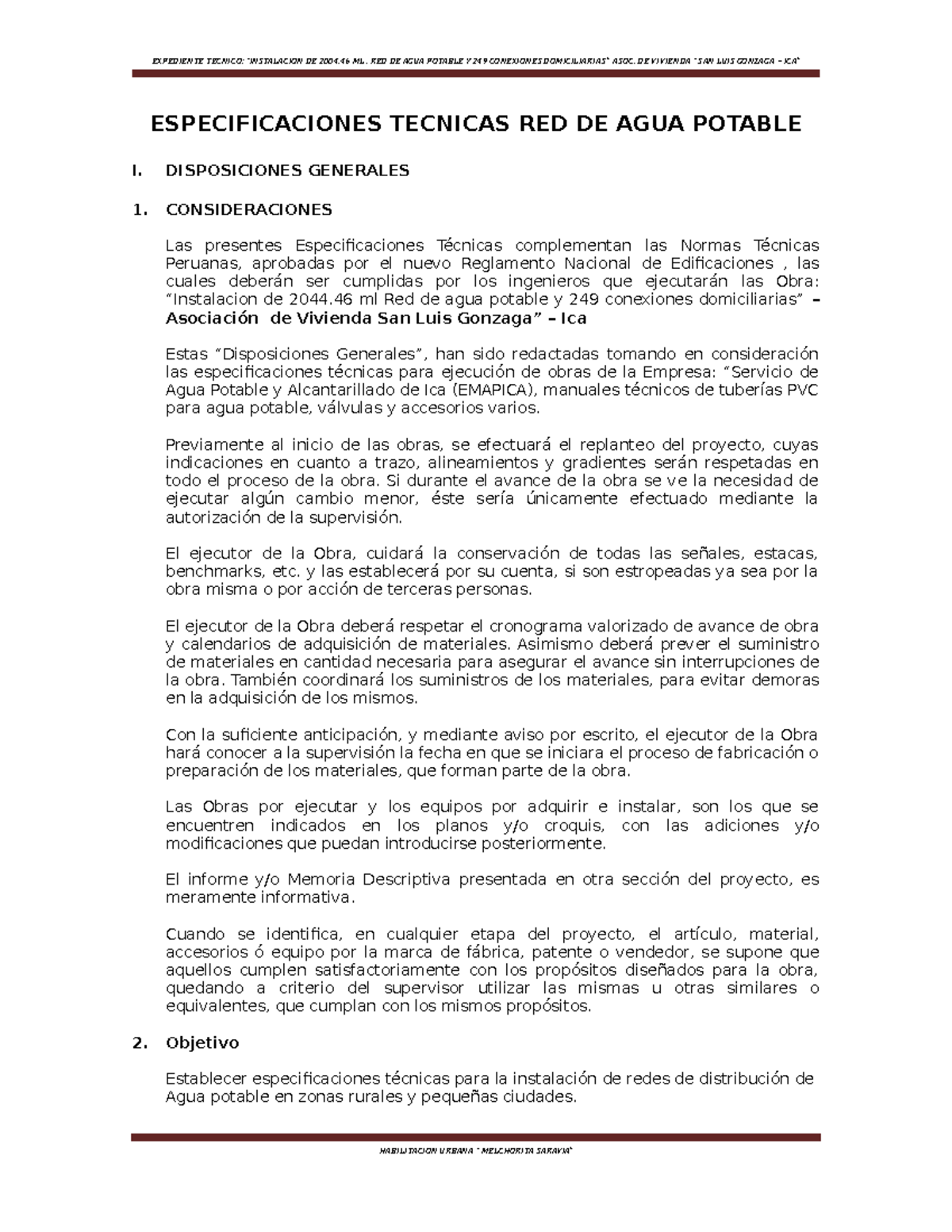 Especificaciones Tecnicas AGUA Potable - ESPECIFICACIONES TECNICAS RED DE AGUA POTABLE I. - Studocu