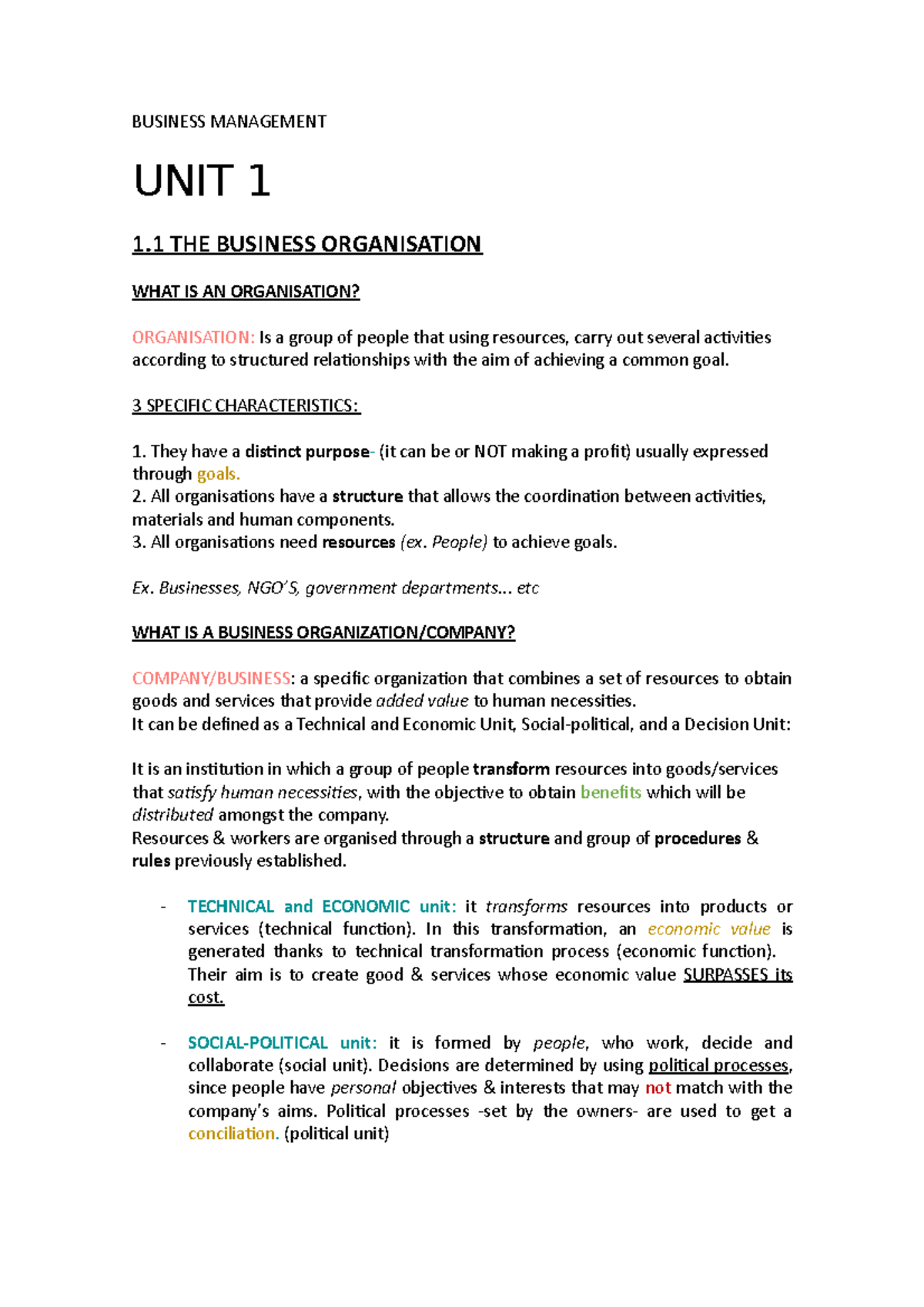 Apuntes Business management GIB 1º - ####### BUSINESS MANAGEMENT UNIT 1 ...