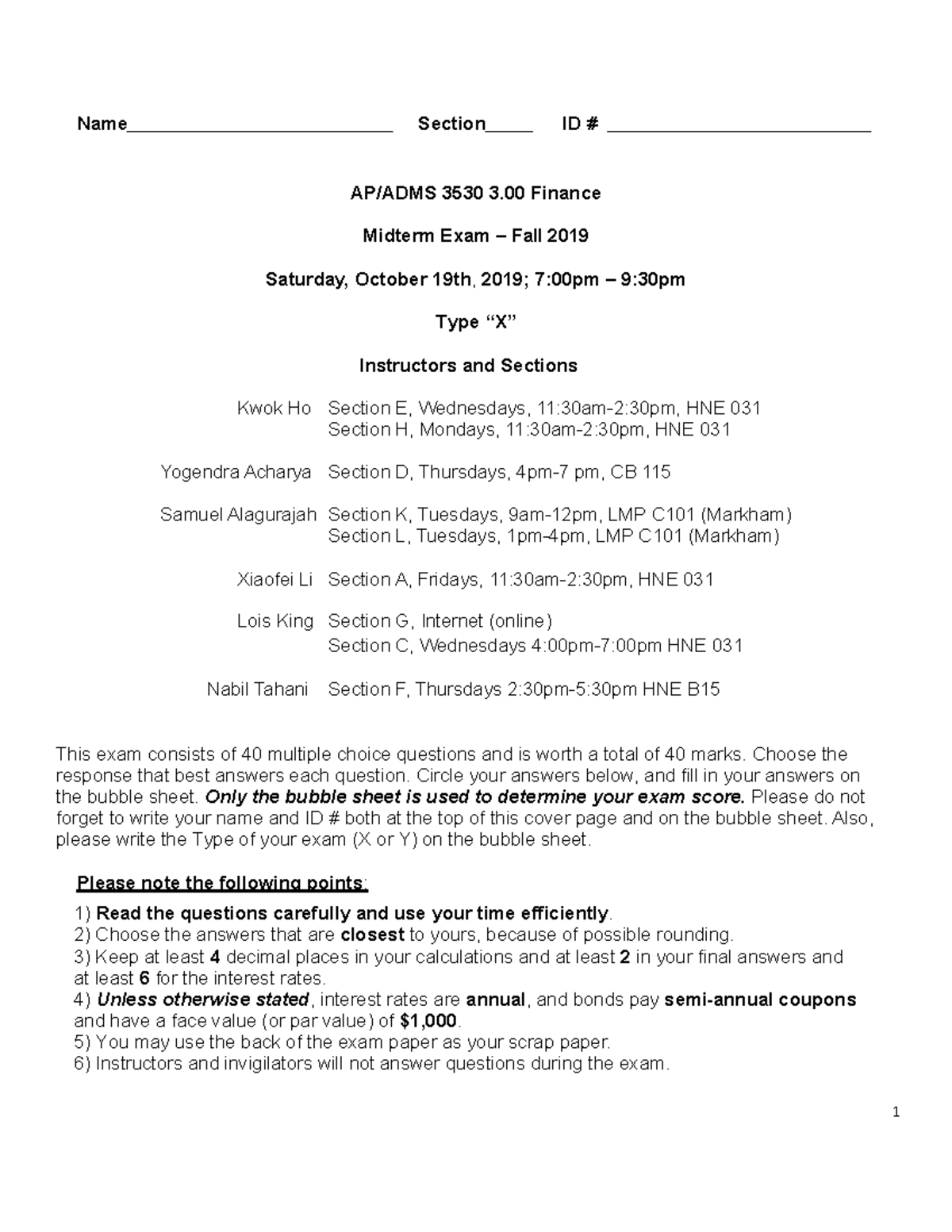 Midterm Exam 9 October 2019, questions and answers - Name Section ID ...