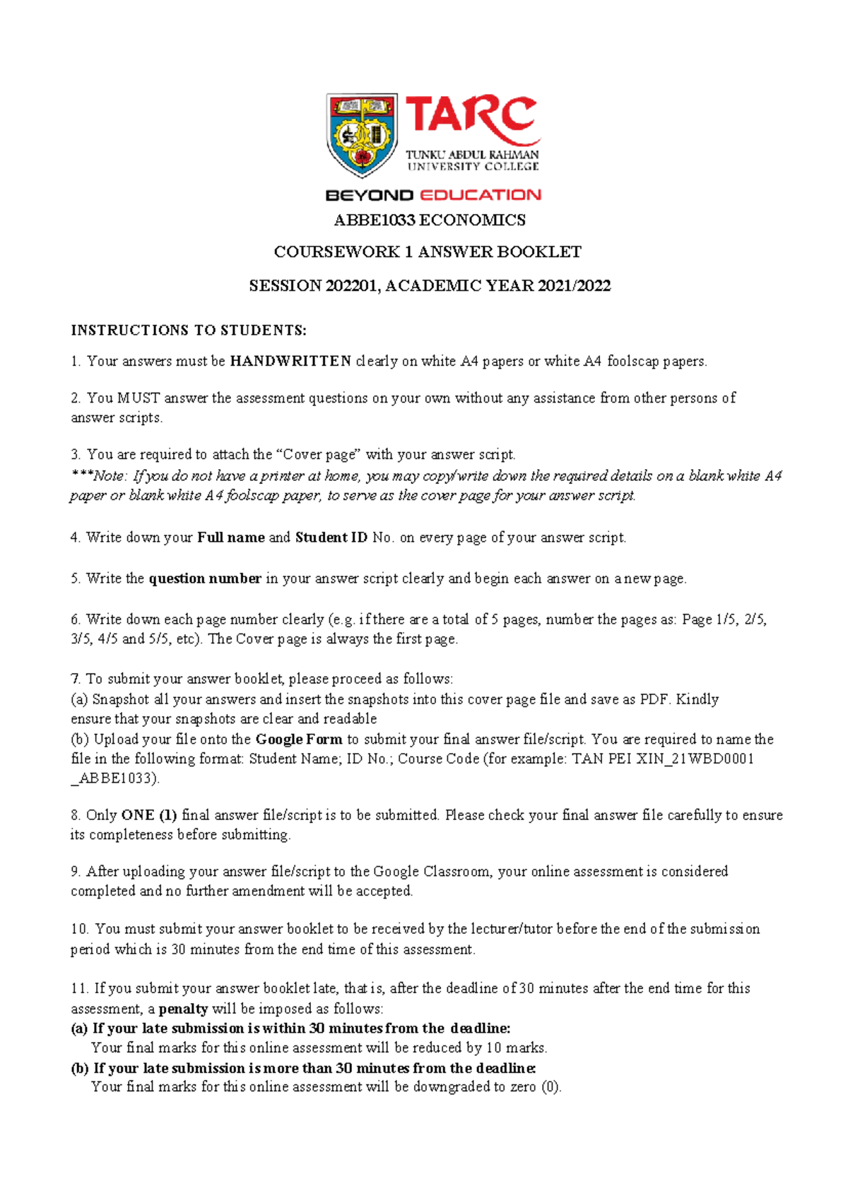 ABBE1033 - Your answers must be HANDWRITTEN clearly on white A4 papers ...