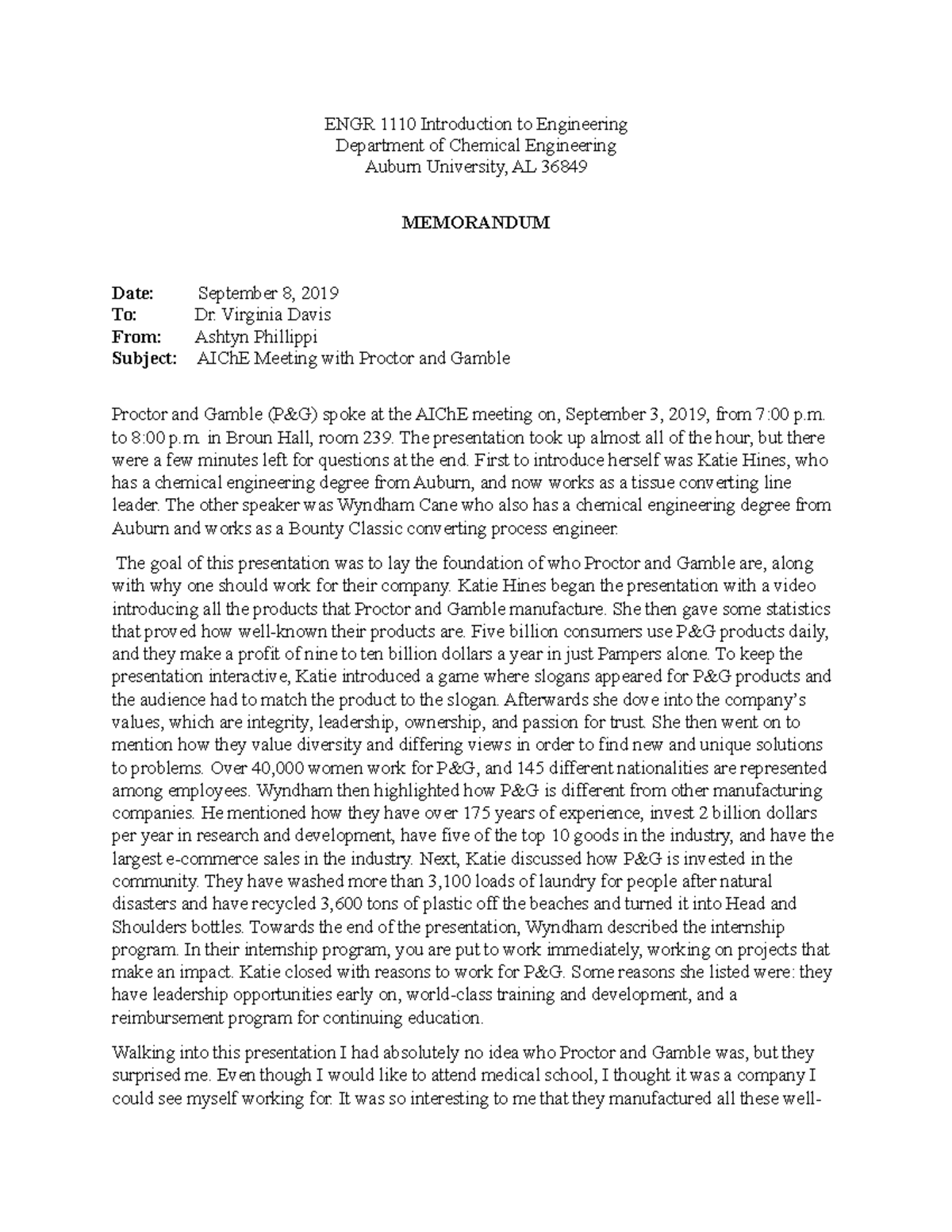 PD Memo 2 - PD memo - ENGR 1110 Introduction to Engineering Department ...