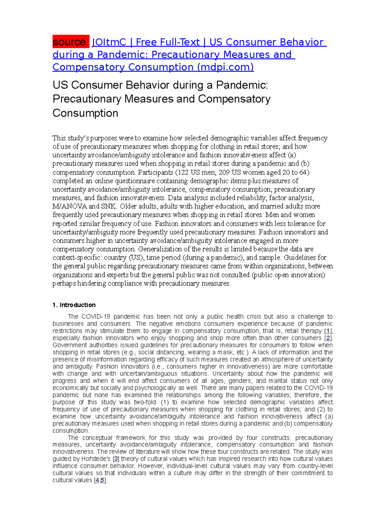 US Consumer Behavior during a Pandemic Precautionary Measures and ...