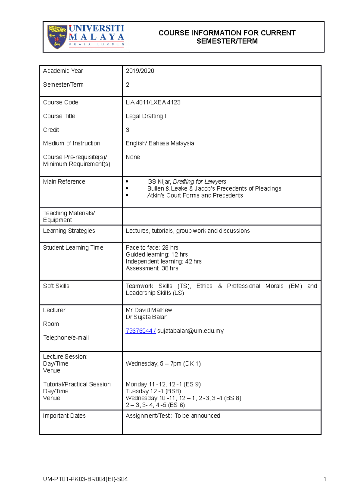 LIA 4011 - LXEA 4123 Course info 2019-2020 - COURSE INFORMATION FOR ...