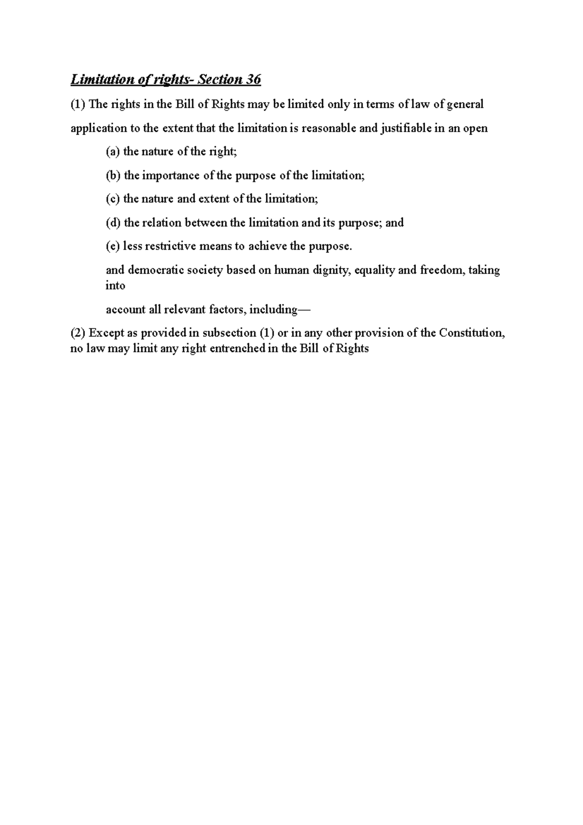 Limitation of rights section 36 - Limitation of rights- Section 36 (1 ...