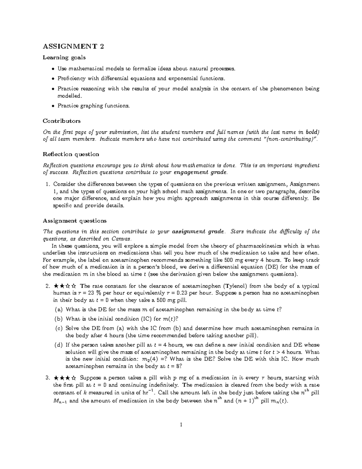 A2 B - ssssss - ASSIGNMENT 2 Learning goals Use mathematical models to ...