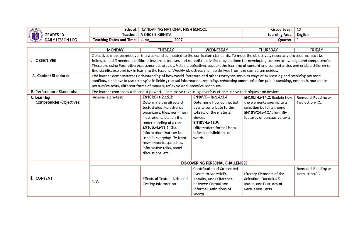 Pdfcoffee - Lesson Plan - GRADES 10 DAILY LESSON LOG School: CANDAPING NATIONAL HIGH SCHOOL ...