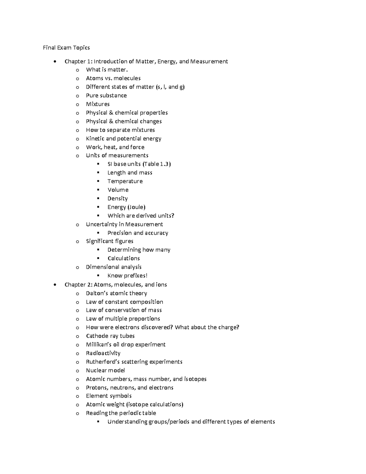 Final Exam Topics outline - Final Exam Topics Chapter 1: Introduction ...