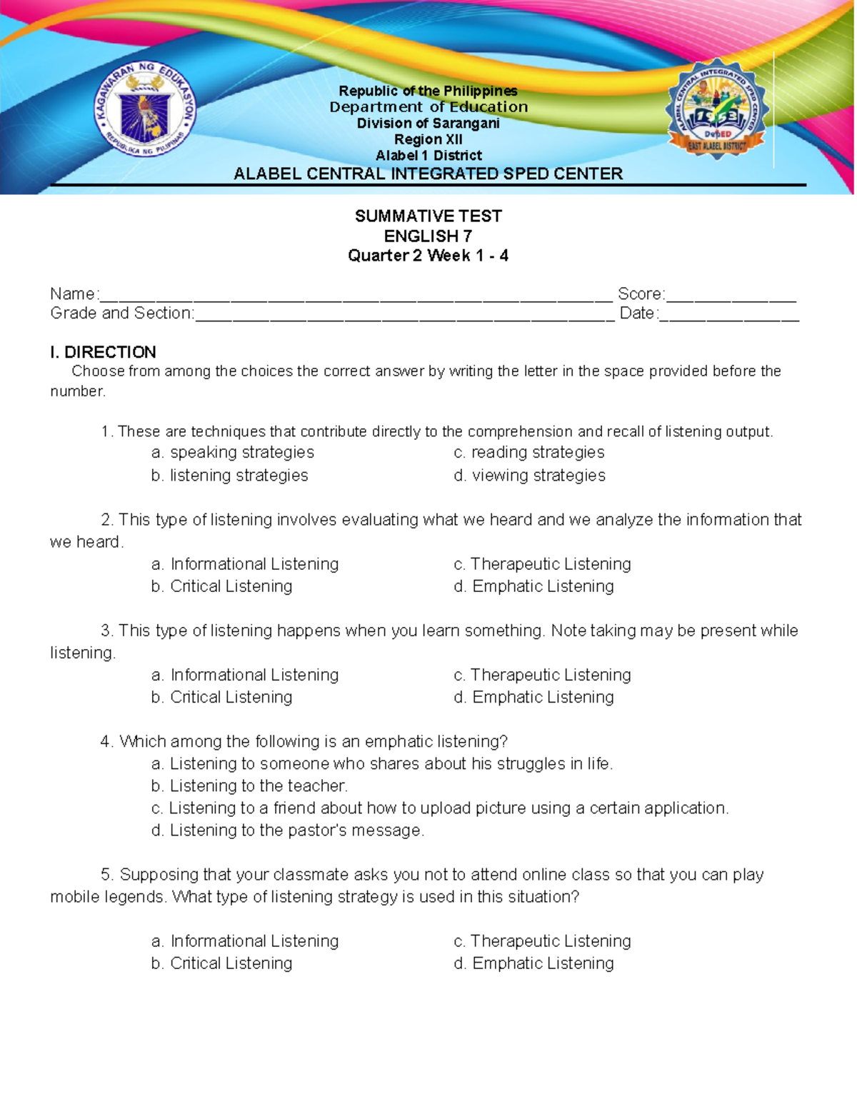 Grade 7 summative test q2 w 1 4 Copy - Republic of the Philippines ...