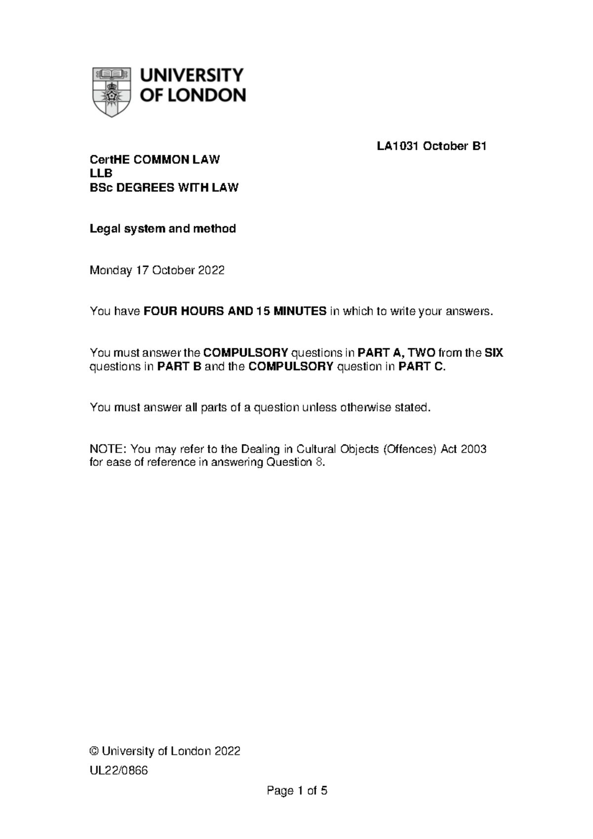 Lsm Exam 2022 Oct A La1031 October B Certhe Common Law Llb Bsc Degrees With Law Legal System