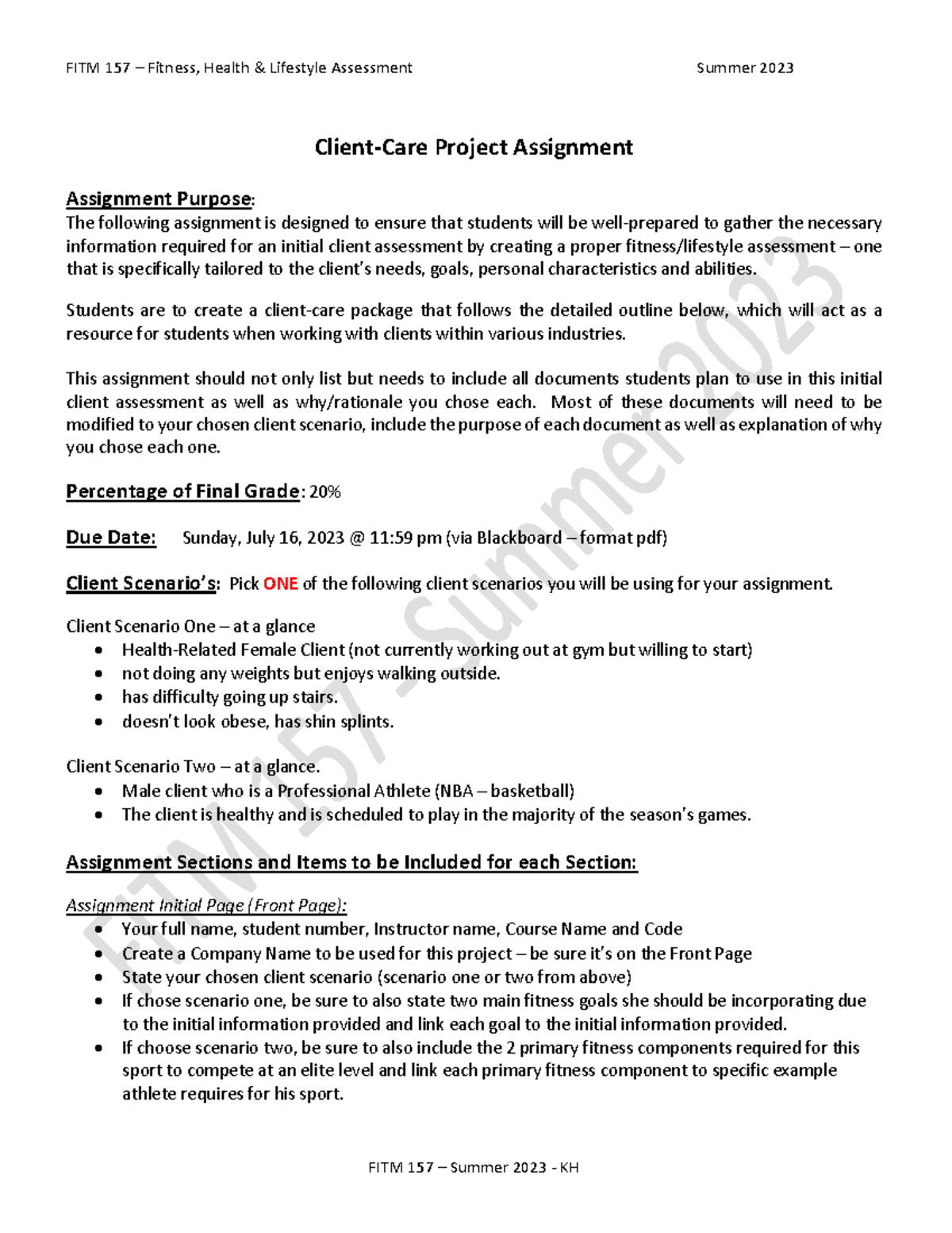 FITM 157 Client-Care Project-KH-S2023 - FITM 157 – Fitness, Health ...