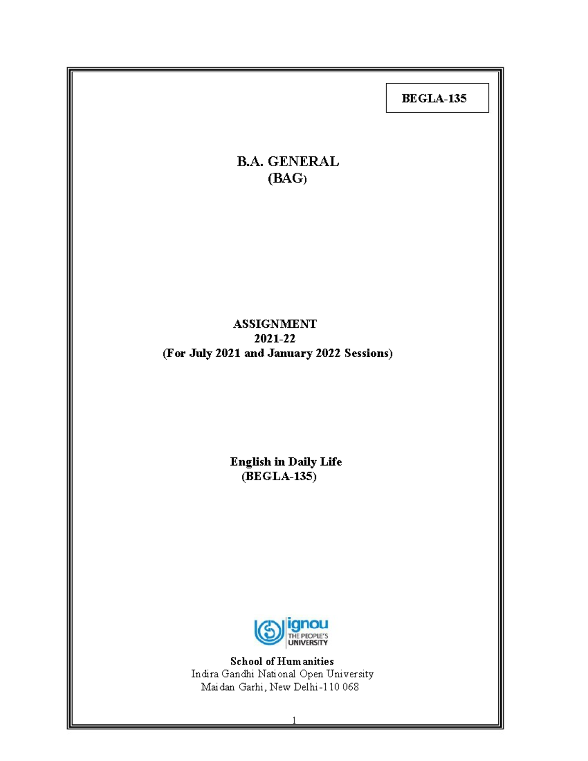 Begla-135 English in daily life - BEGLA- B. GENERAL (BAG) ASSIGNMENT ... Begla-135 English in daily life - BEGLA- B. GENERAL (BAG) ASSIGNMENT ...