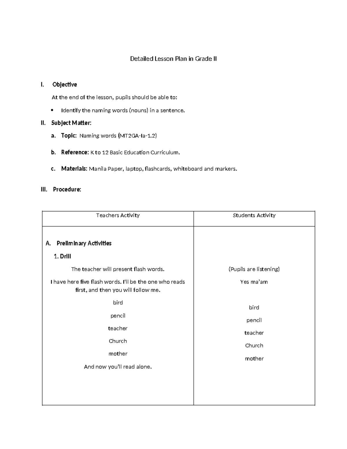 Detailed- Lesson-PLAN - Detailed Lesson Plan in Grade II I. Objective ...