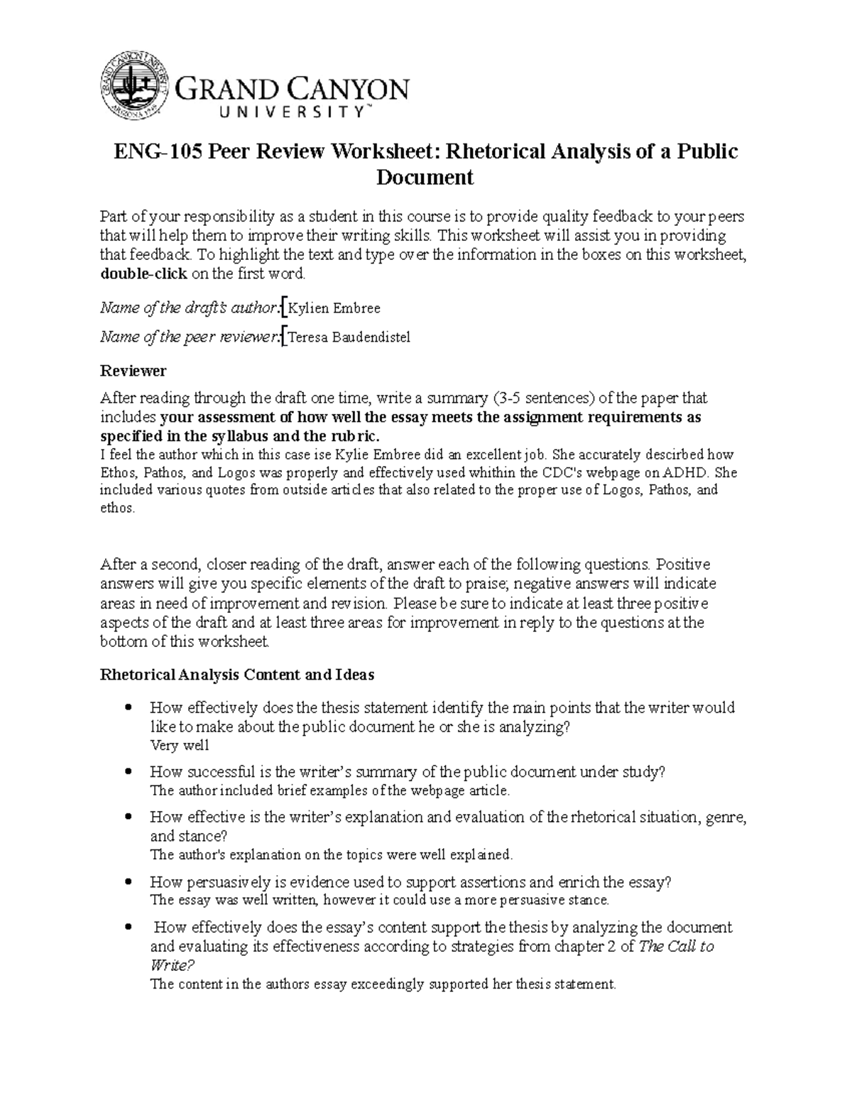 ENG105 Rhetorical Analysis Peer Review Worksheet - ENG-105 Peer Review ...
